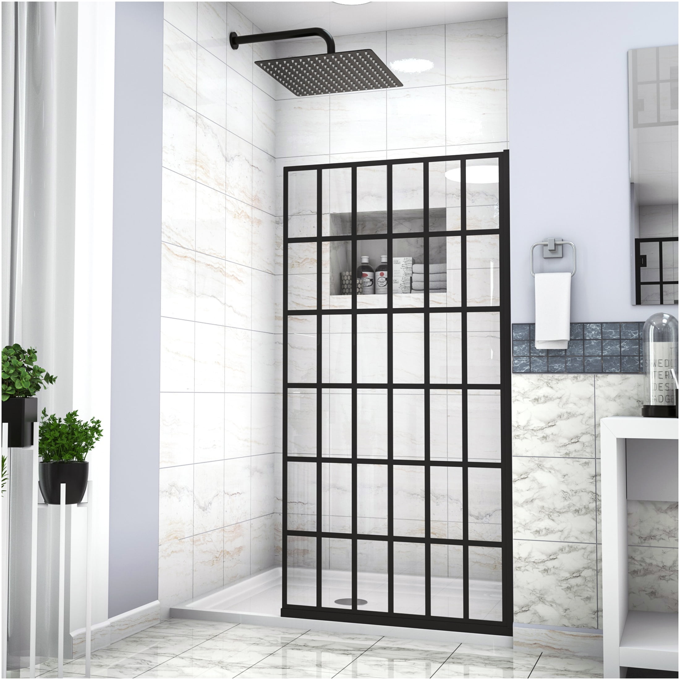 JERFIT 38x72 inch Frameless Single Shower Door, Matte Black Fixed Glass ...