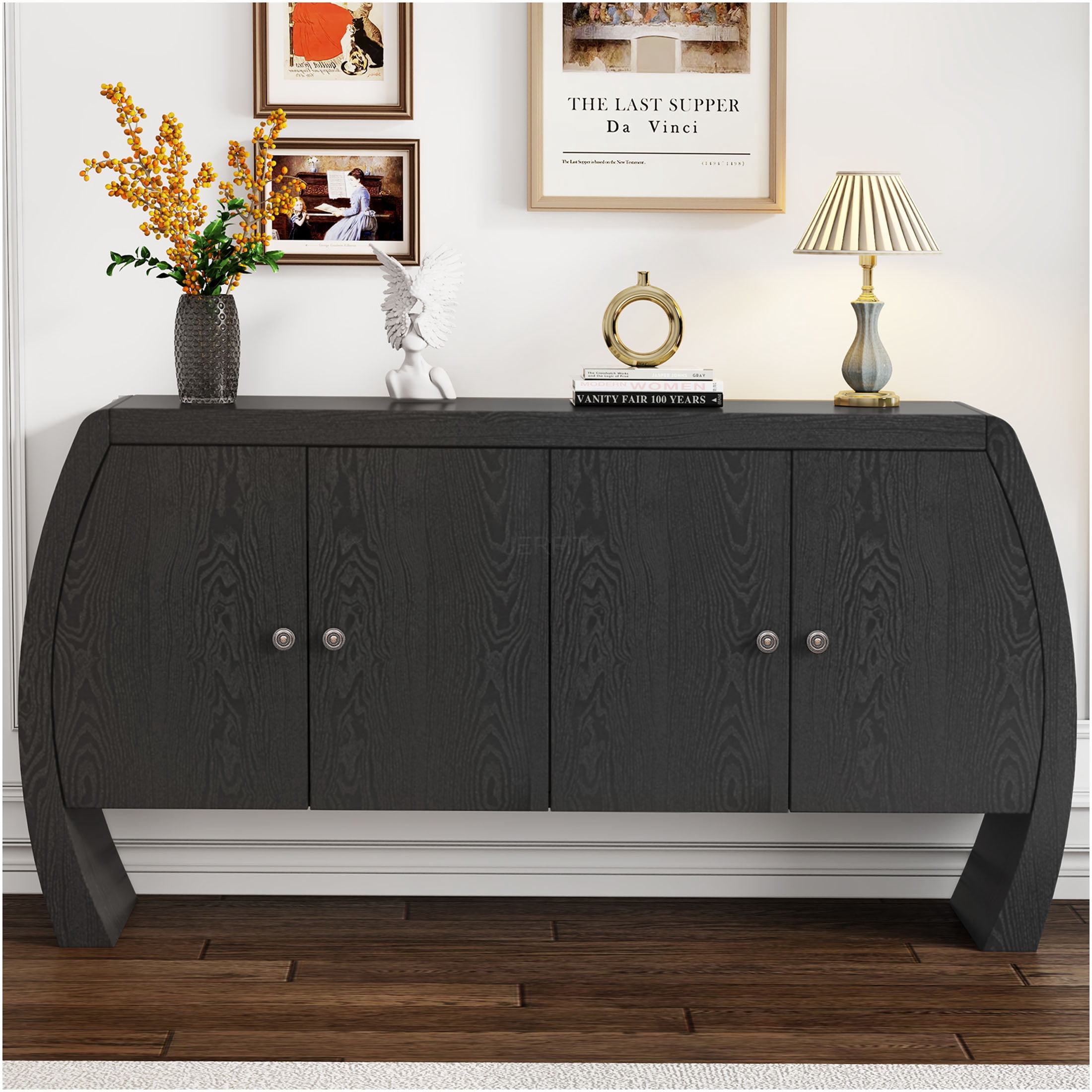 JERFIT 4-Door Entryway Storage Cabinet with Curved Legs, Ash Wood Grain ...