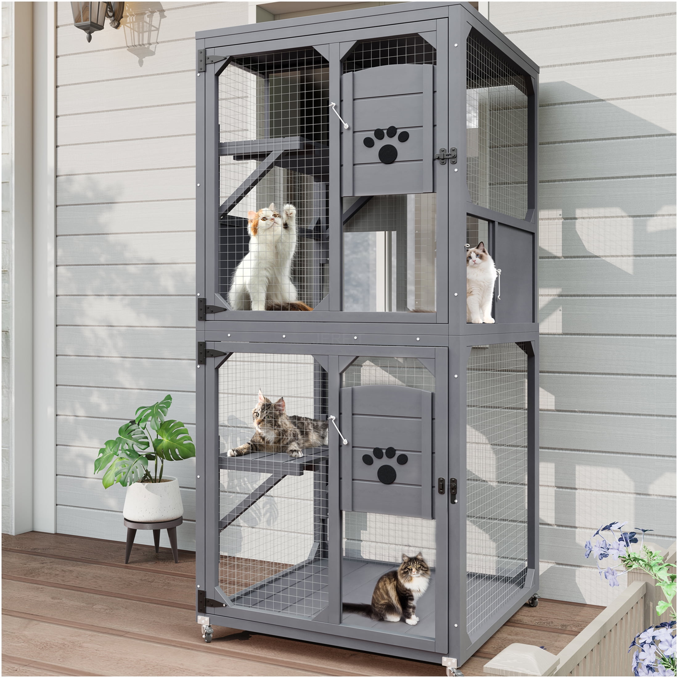 JERFIT 4-Tier Outdoor Catio Enclosure with Wheels, Weatherproof Roof ...