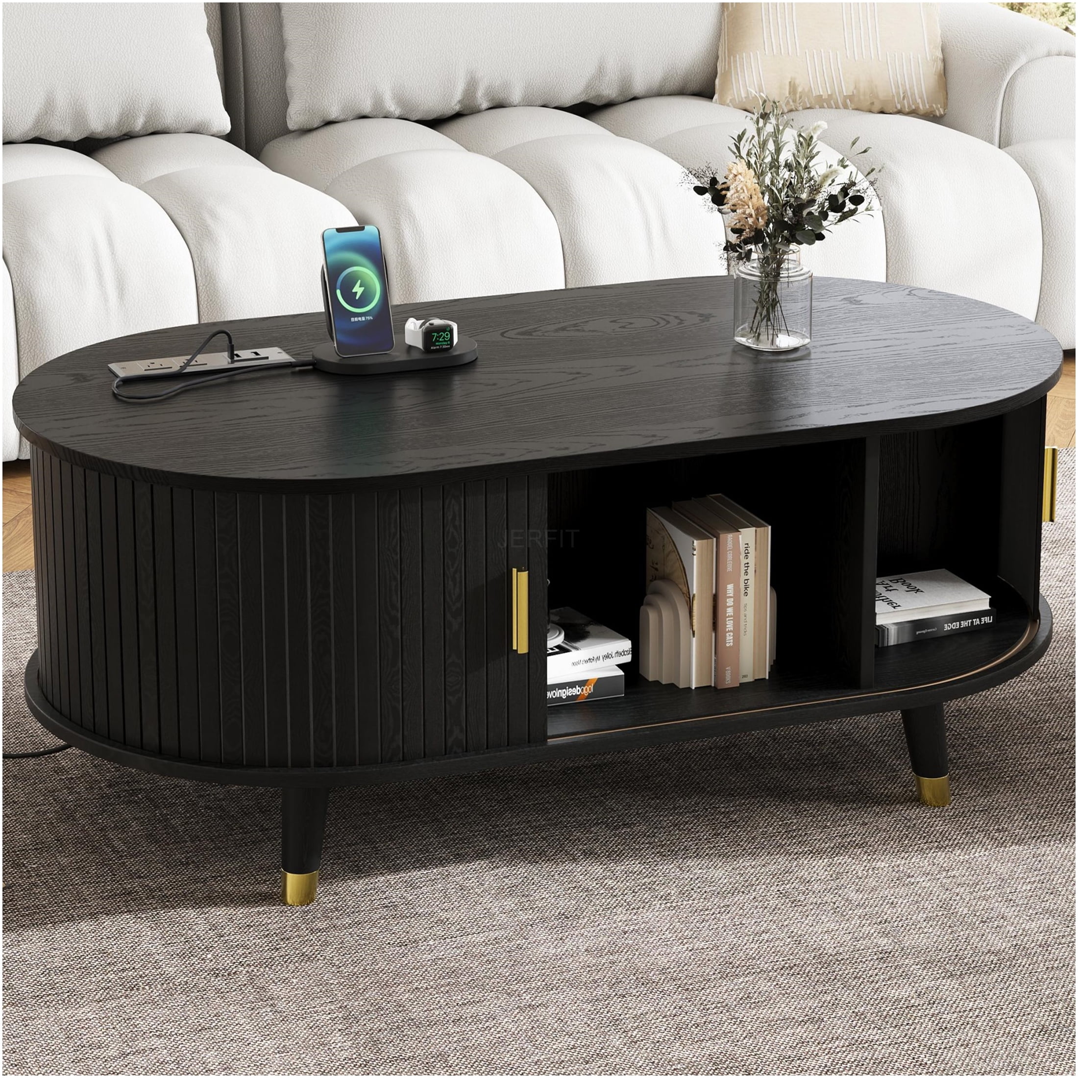 JERFIT 42.5 inch Modern Oval Coffee Table with USB Charging Station ...