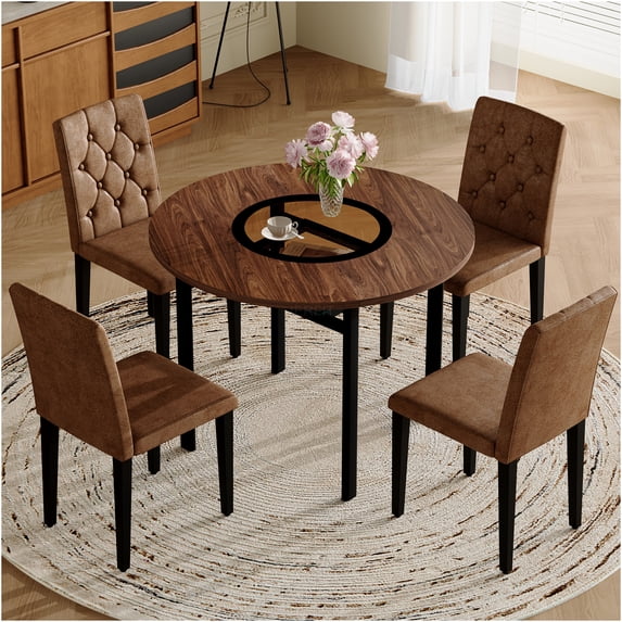 JERFIT 42 Inch Round Dining Table Set with 4 Chairs, Brown Wood Grain ...