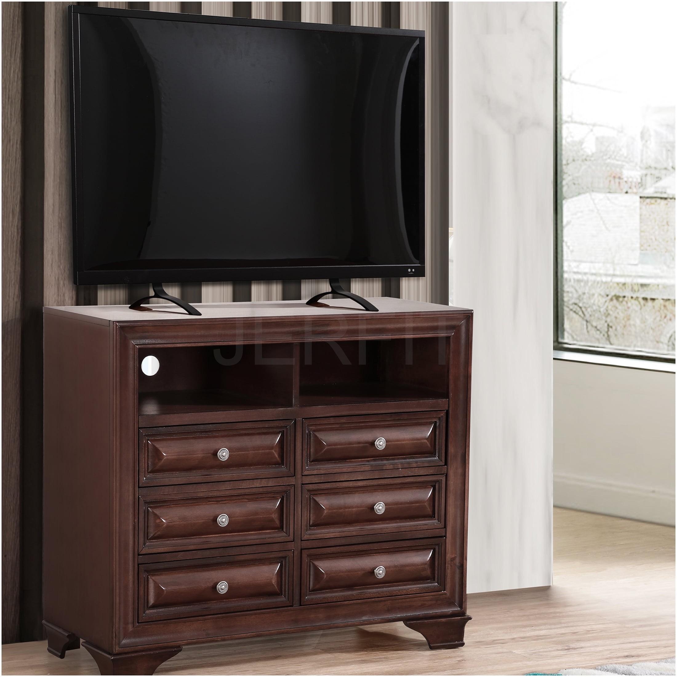 JERFIT 42 inch Cappuccino TV Stand with Storage, Fully Assembled Media ...