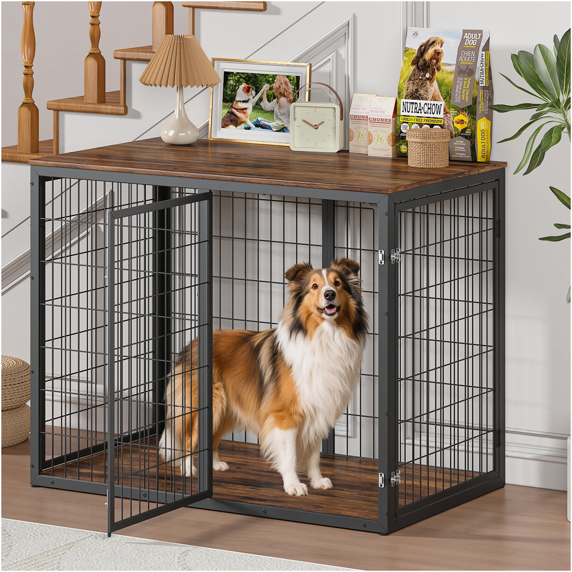 JERFIT 47 inch Rustic Brown Furniture Style Dog Crate with 3 Doors, End ...