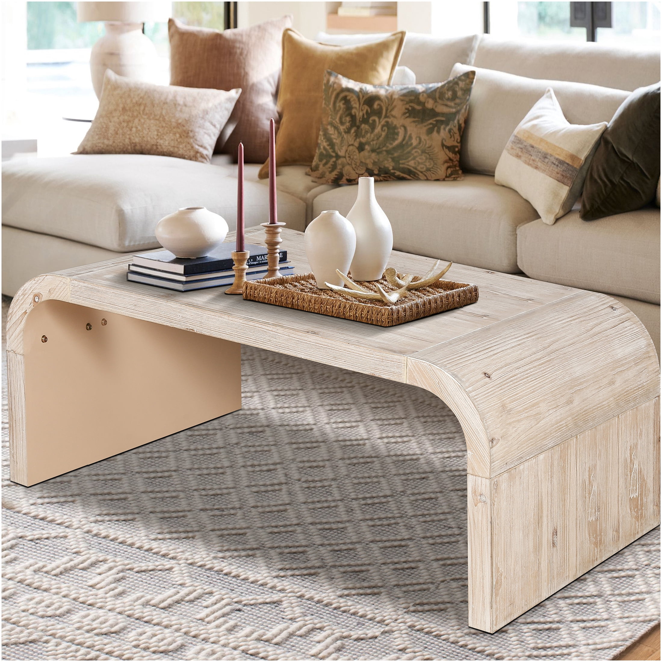 JERFIT 48 inch Farmhouse Coffee Table with Art Deco Curved Design, Easy ...