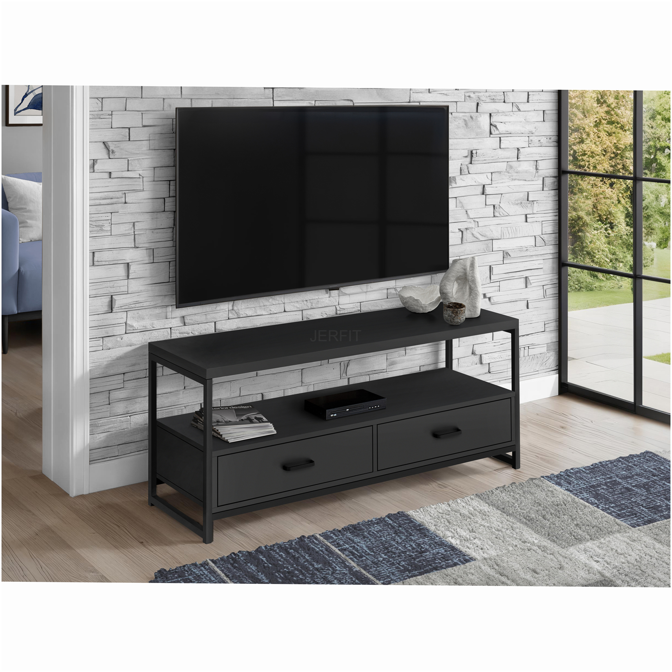 JERFIT 48 inch Modern TV Stand with 2 Drawers, Black Entertainment ...