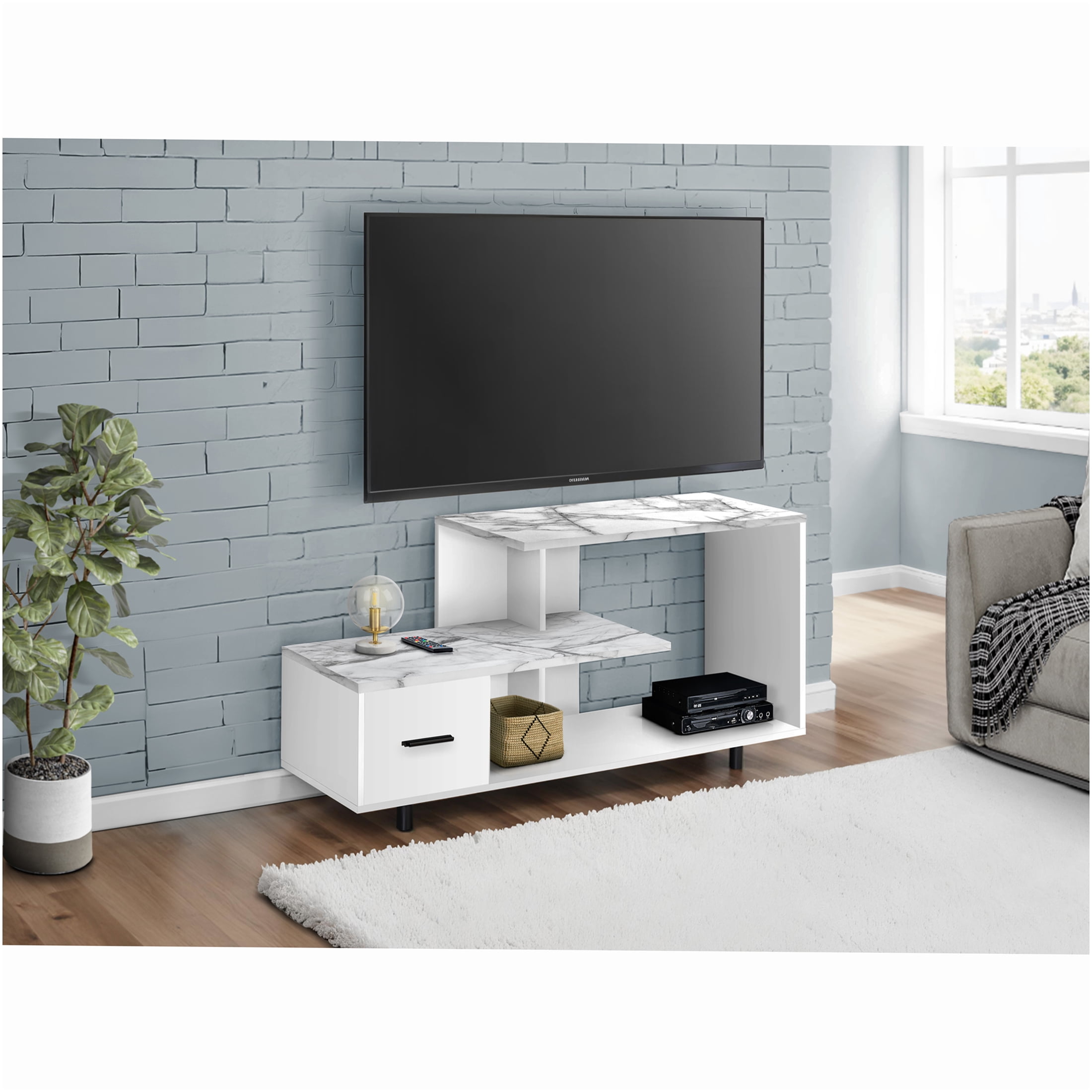 JERFIT 48 inch Modern TV Stand with Storage Drawer, White Marble ...