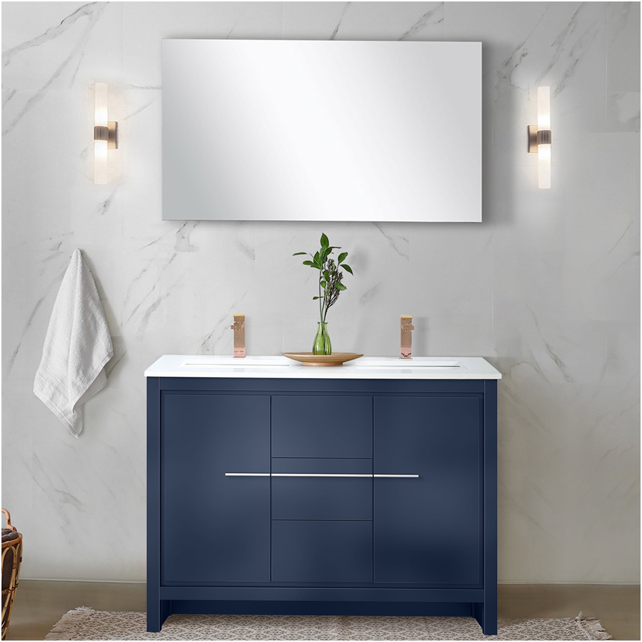 JERFIT 48 inch Navy Blue Bathroom Vanity Set with White Quartz Top ...