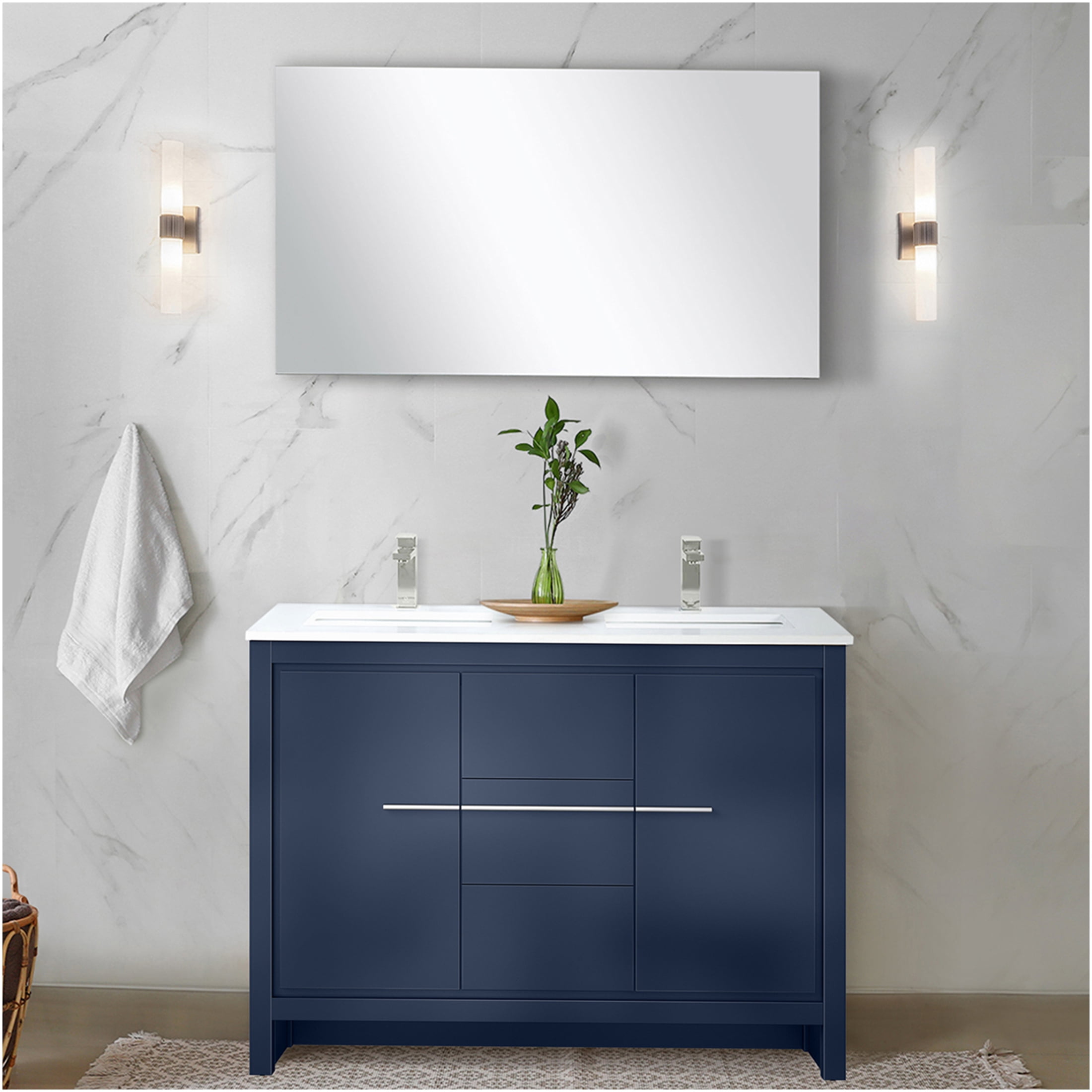 JERFIT 48 inch Navy Blue Double Sink Bathroom Vanity Set with Marble ...