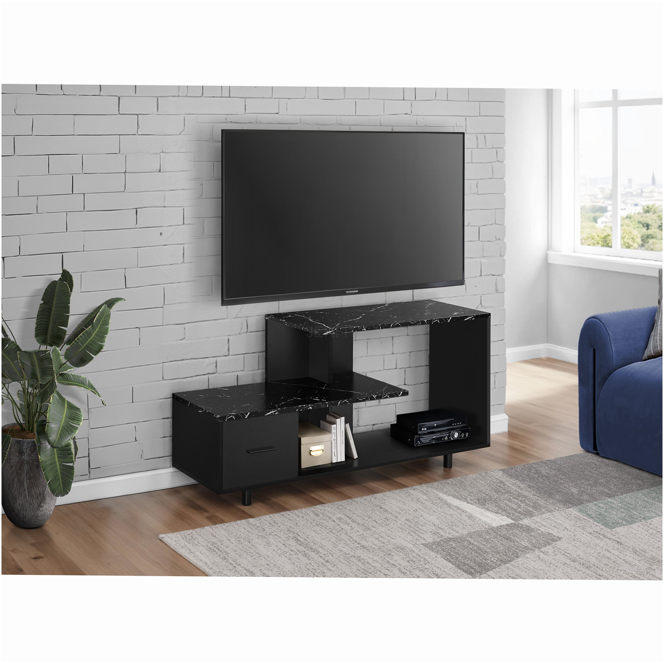 JERFIT 48 inch TV Stand with Storage Drawer, Black Faux Marble Media ...
