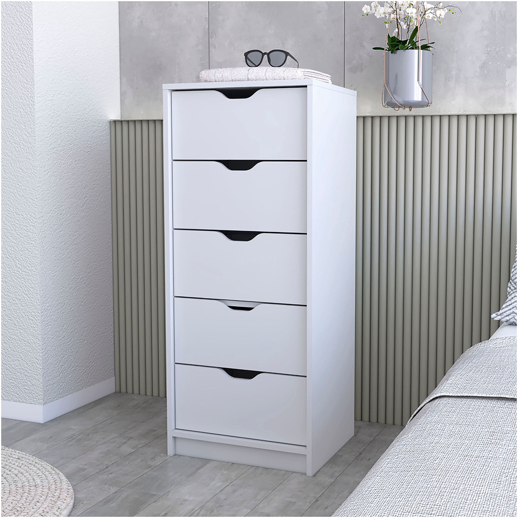 JERFIT 5-Drawer Dresser, Narrow White Wood Chest of Drawers for Bedroom ...