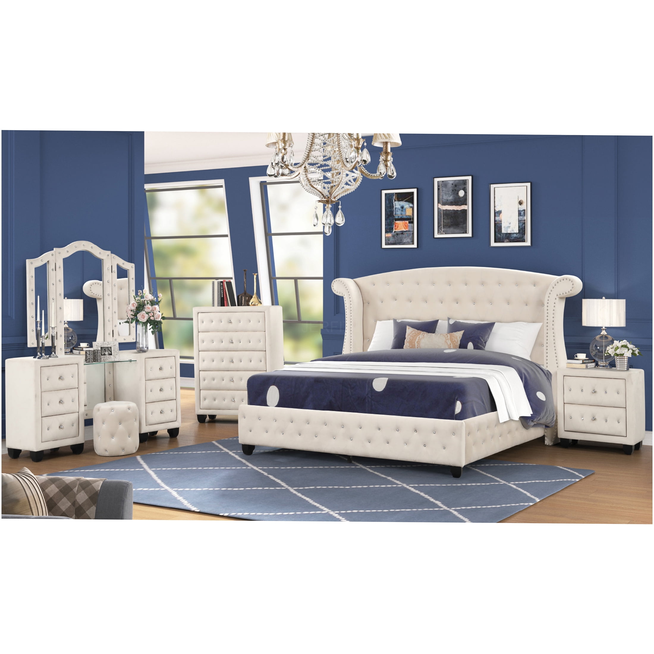 JERFIT 5-Piece Cream Upholstered Vanity Bedroom Set with Crystal Tufted ...