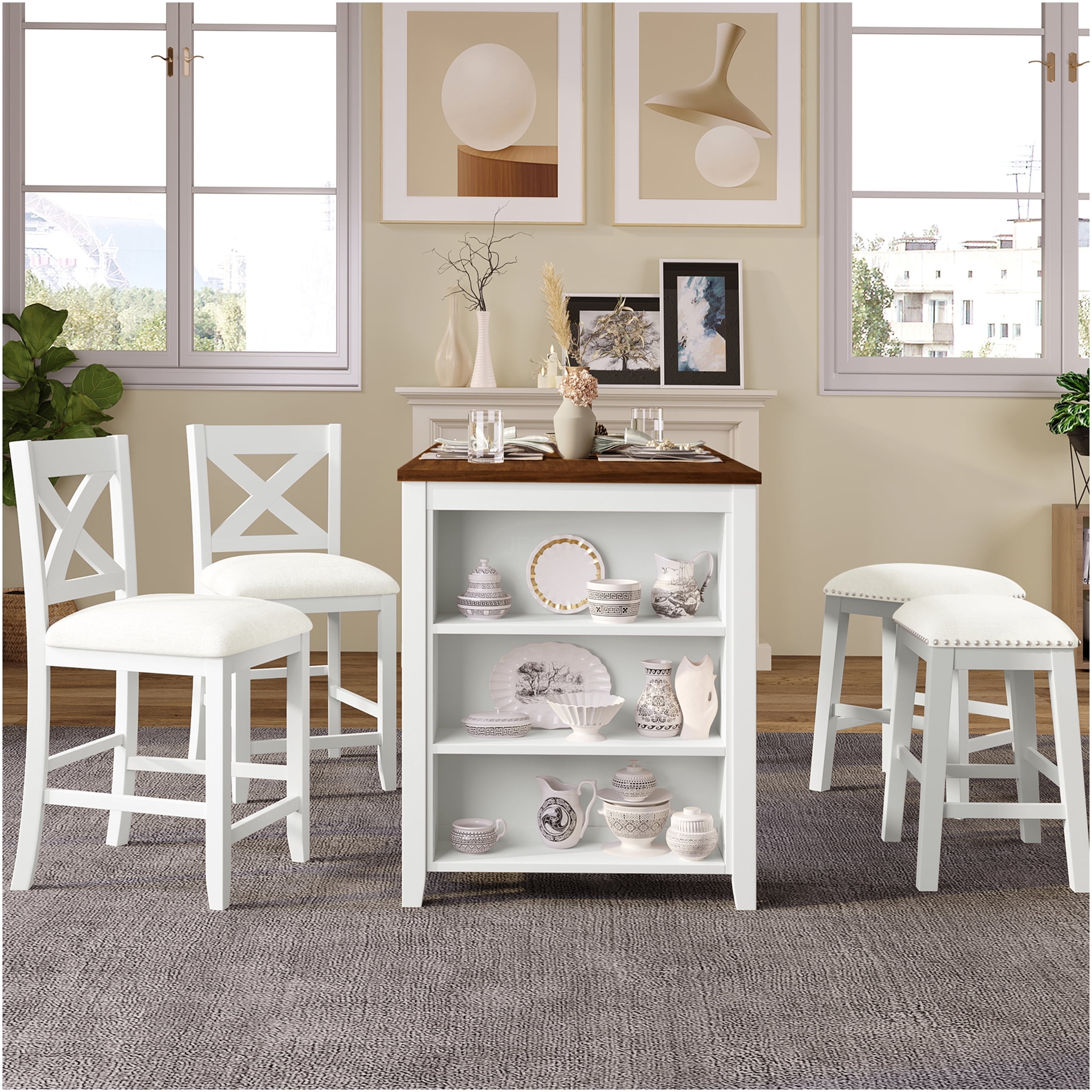 JERFIT 5-Piece Farmhouse Dining Set with Storage Shelf, Counter Height ...