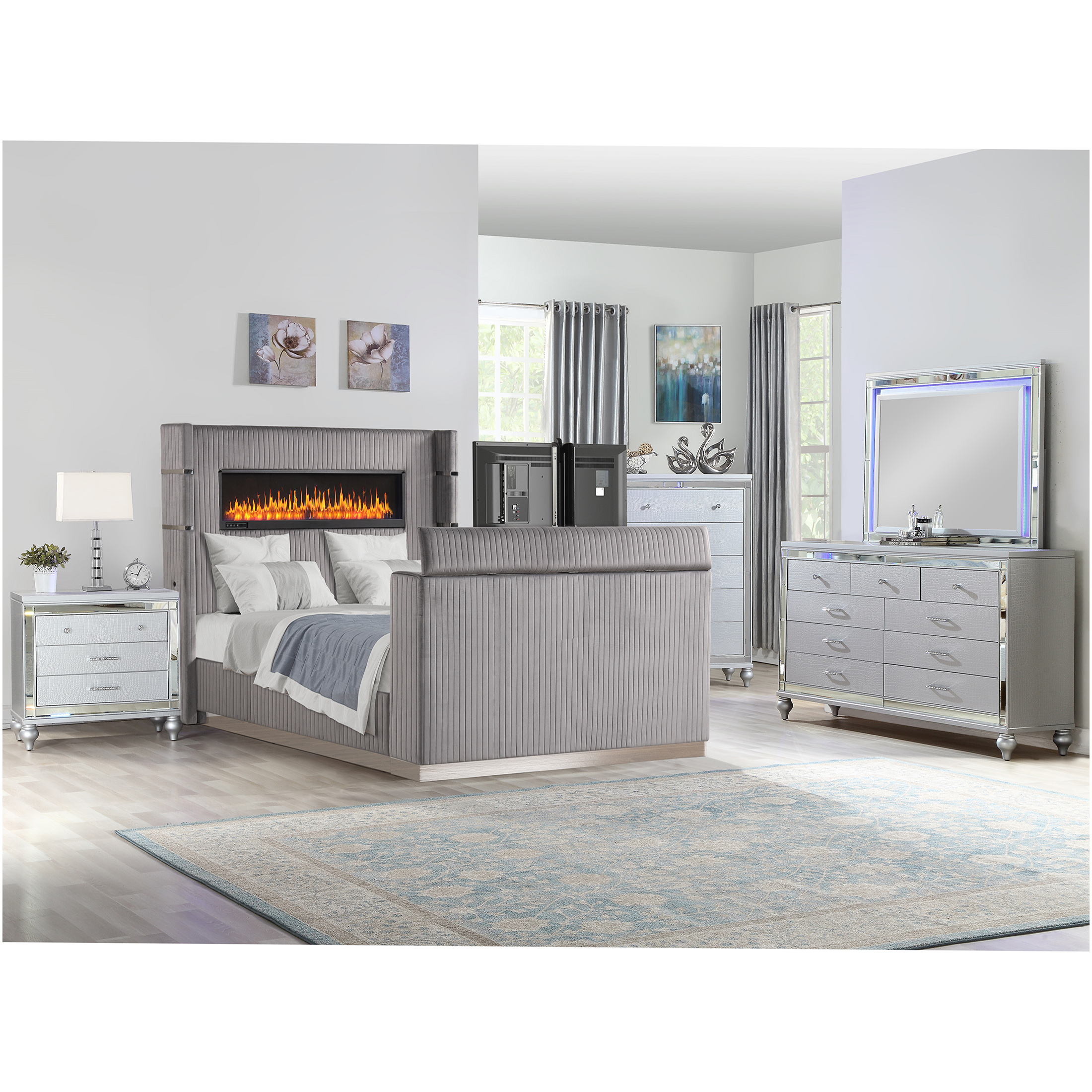 JERFIT 5-Piece King Bedroom Set with Fireplace Headboard, TV Stand ...
