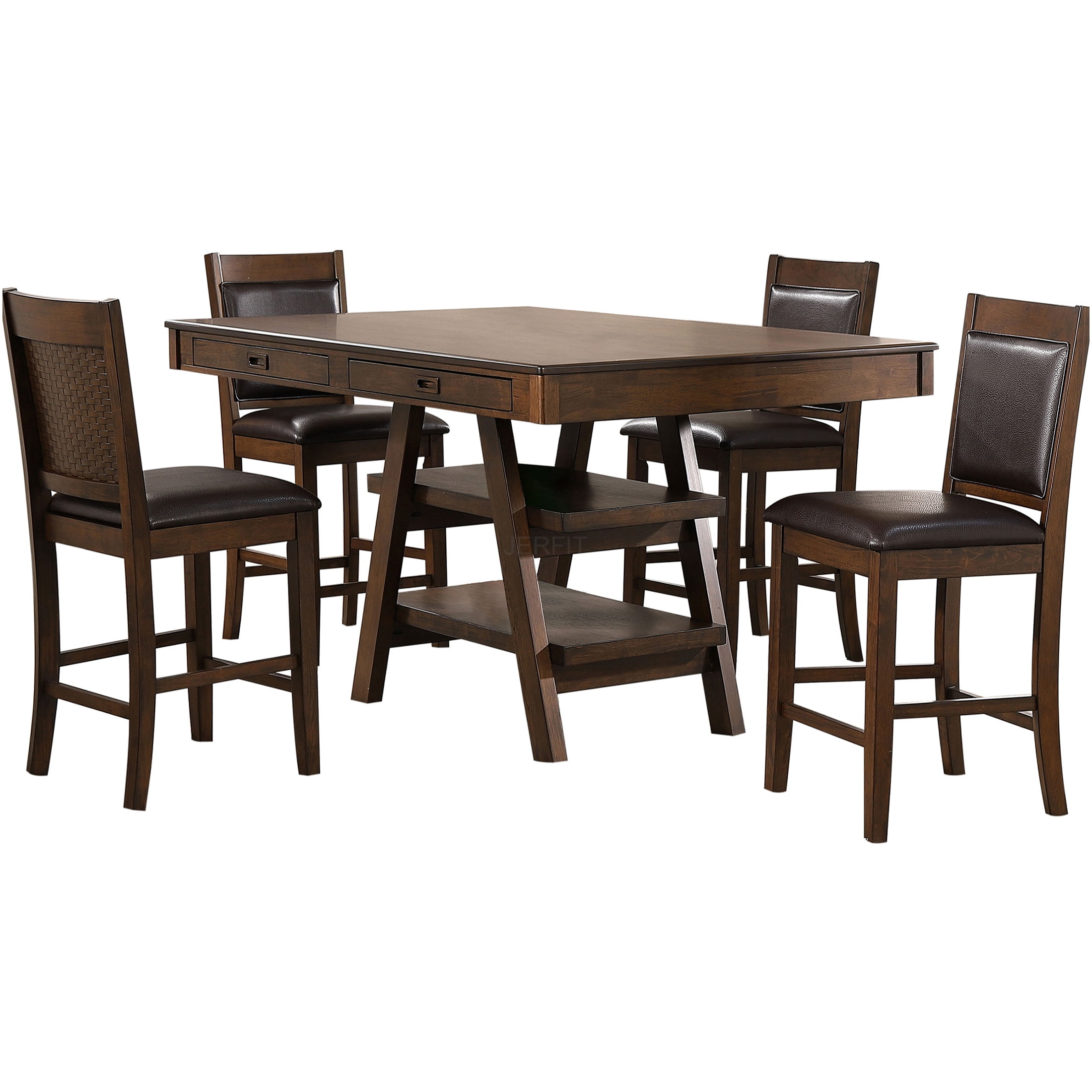 JERFIT 5-Piece Walnut Counter Height Dining Set with Storage Drawers ...