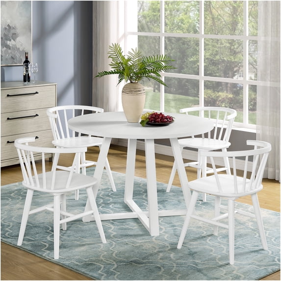 JERFIT 5-Piece White Windsor Dining Set with Round Trestle Table for 4 ...
