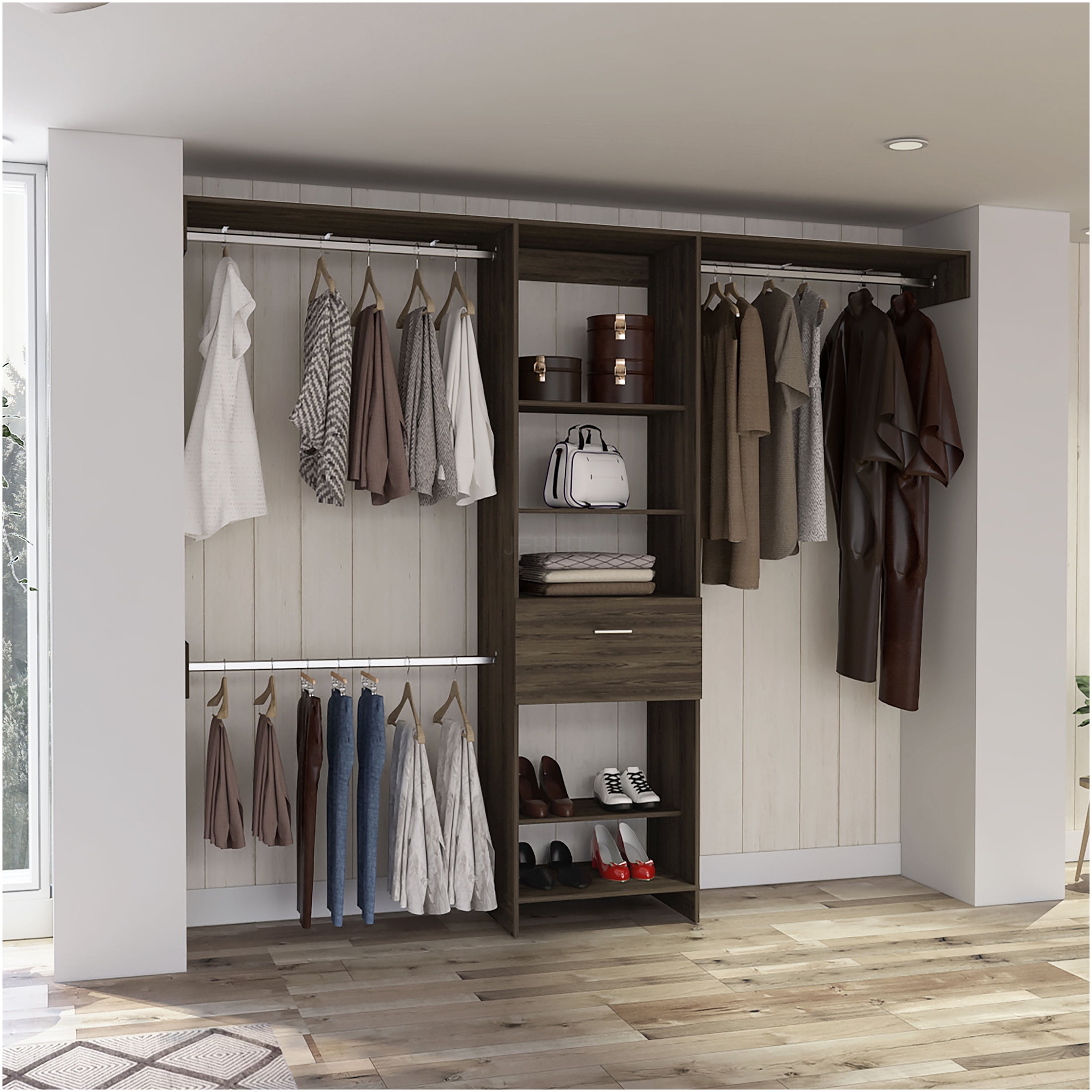JERFIT 5-Tier Open Shelf Closet Organizer with Drawer & Hanging Rods ...