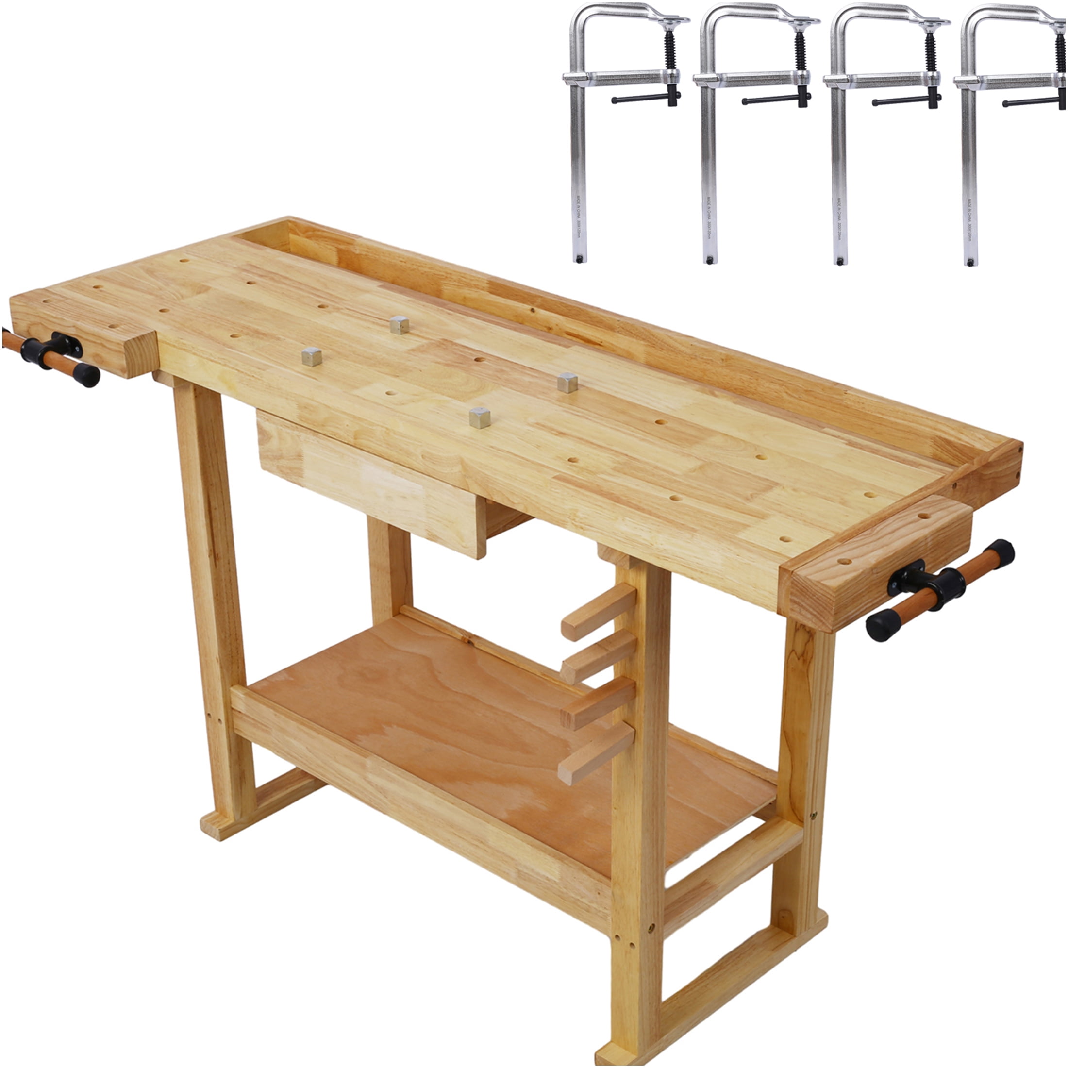 JERFIT 55 Inch Heavy Duty Rubber Wood Workbench with 4 Bar Clamps, Tool ...