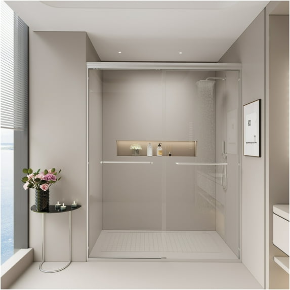 JERFIT 56-60 inch Brushed Nickel Semi-Frameless Double Sliding Shower ...