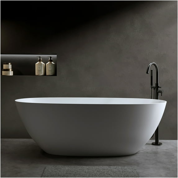 JERFIT 57" Oval Freestanding Bathtub, Solid Surface Soaking Tub with ...