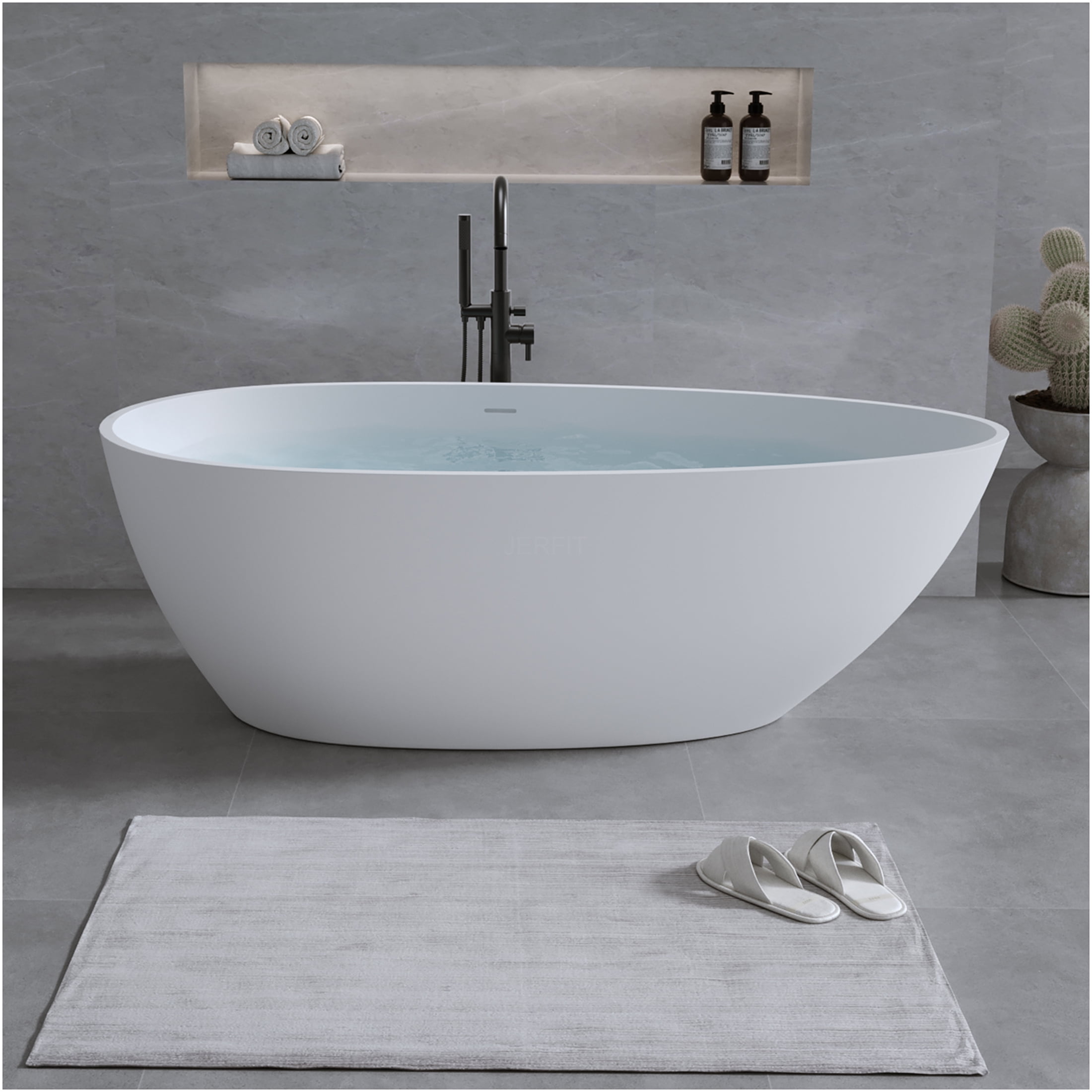 JERFIT 59 Inch Freestanding Bathtub, Solid Surface Soaking Tub with ...