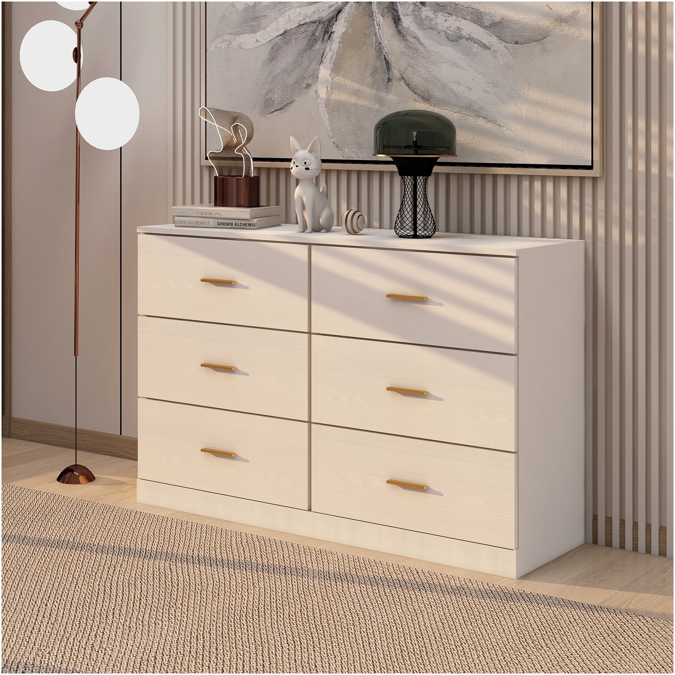 JERFIT 6-Drawer Dresser, Antique White Chest of Drawers with Waterproof ...
