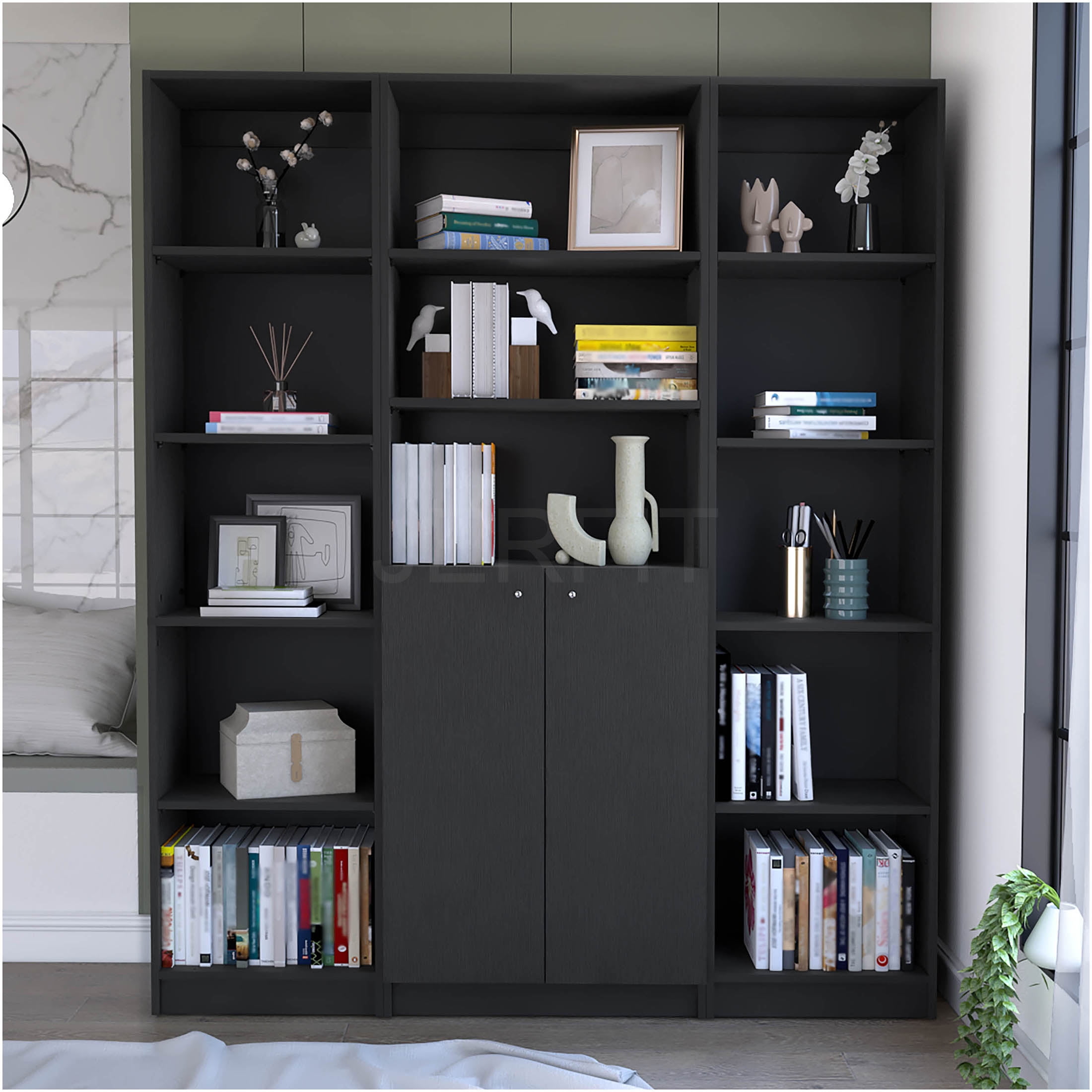 JERFIT 60 Inch Modern 3-Piece Bookcase Set with 13 Shelves & Cabinet ...