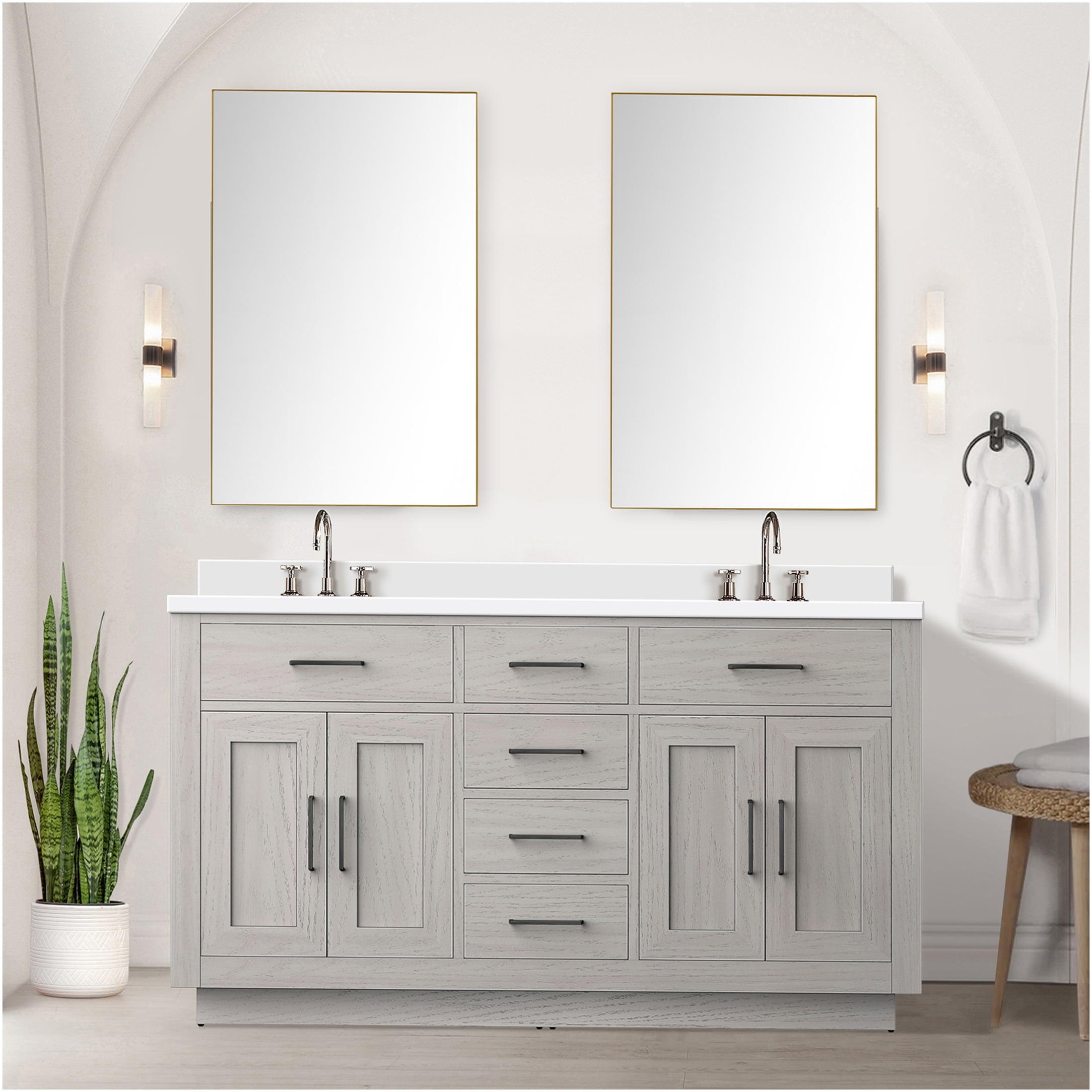 JERFIT 60 Inch White Oak Bathroom Vanity with Quartz Countertop, Soft ...