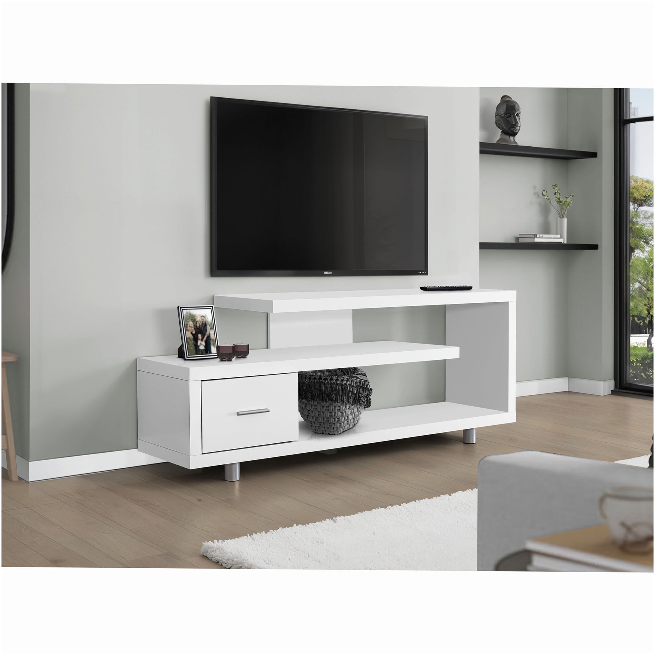 JERFIT 60 inch Modern TV Stand with Storage Drawer, White Laminate ...