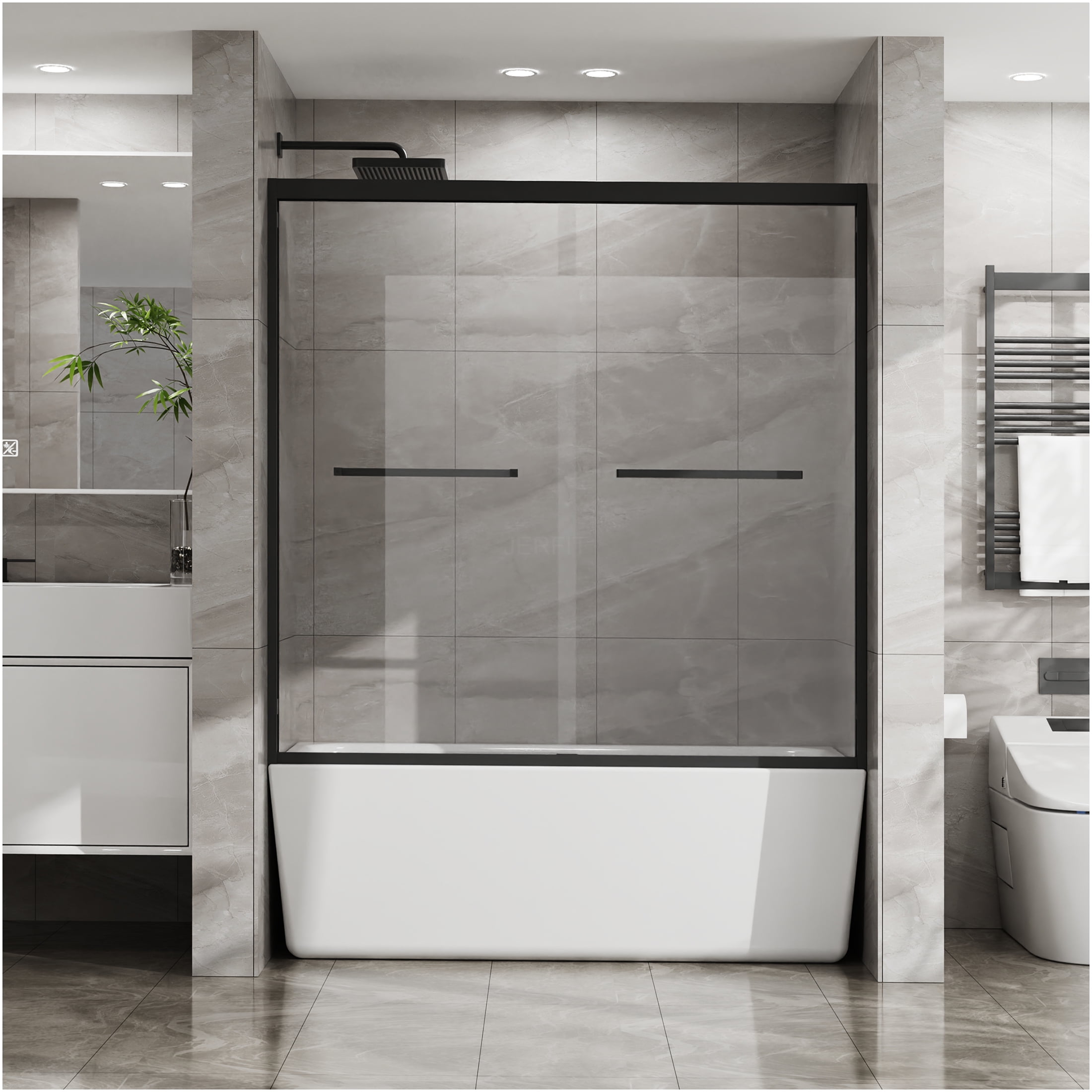 JERFIT 60" x 58" Matte Black Sliding Tub Shower Door Enclosure, Dual ...