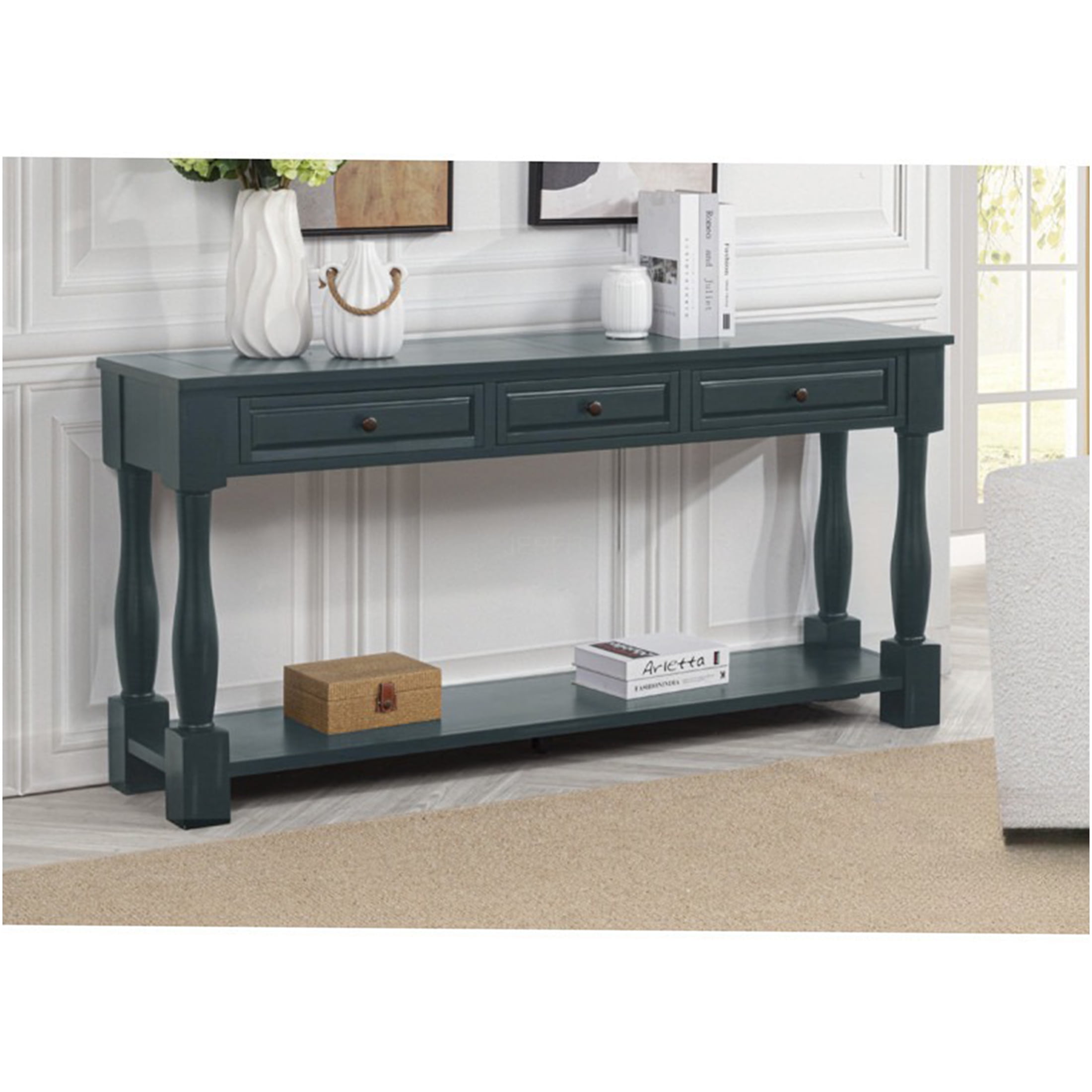 JERFIT 63 inch Navy Console Table with Drawers, Acacia Wood Sofa Table ...