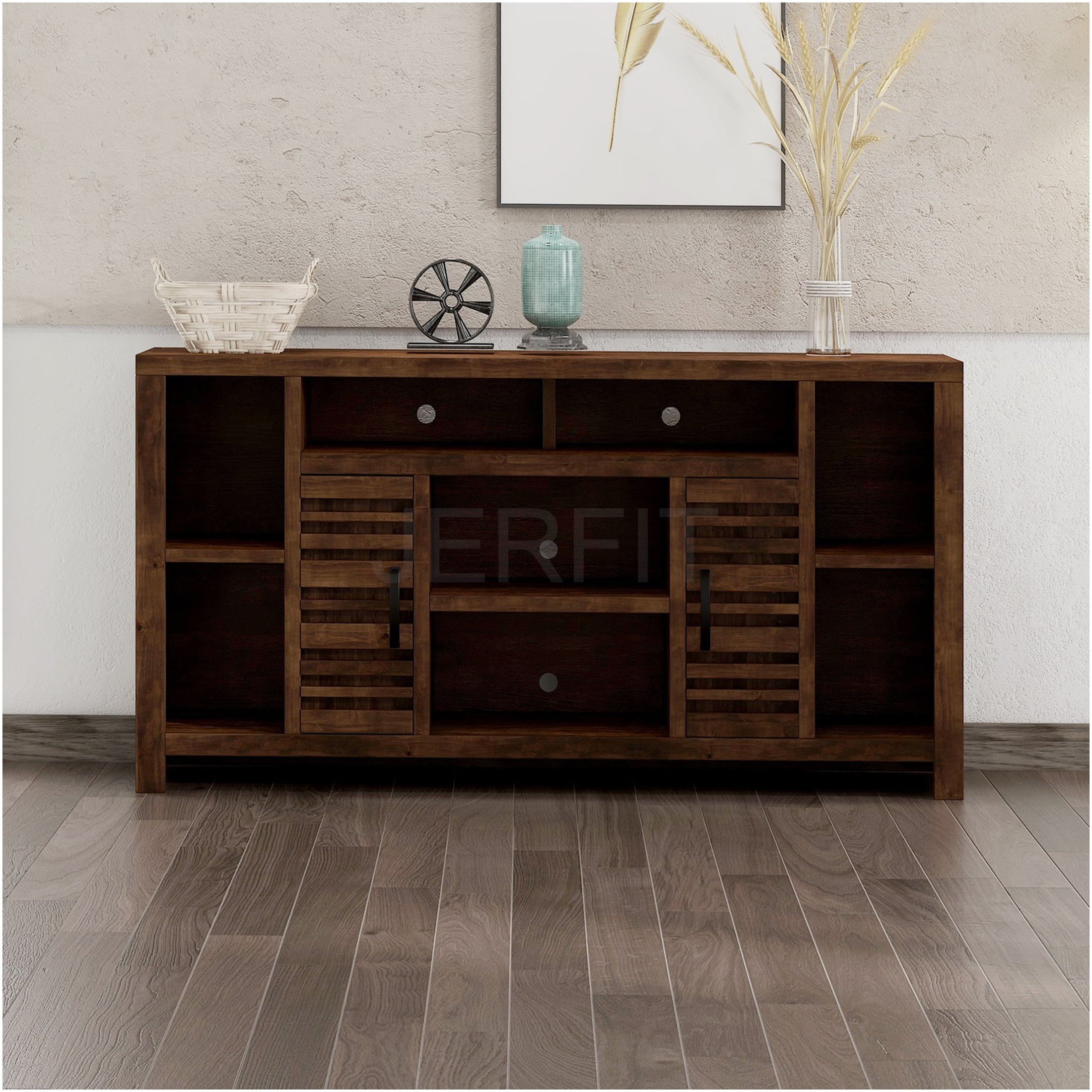 JERFIT 64 inch Fully Assembled TV Stand for TVs up to 70", Rustic Brown ...