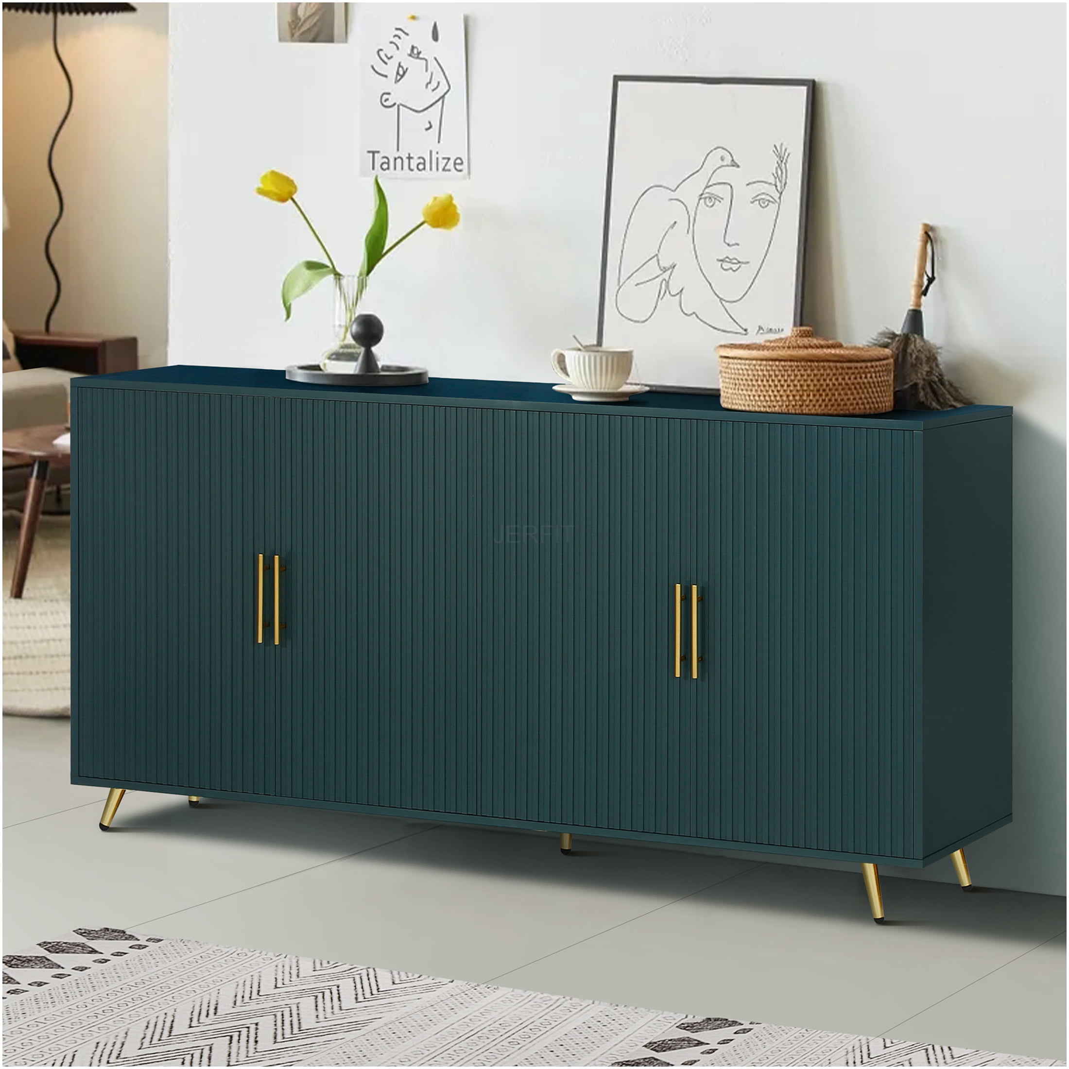 JERFIT 65 inch Navy Blue TV Stand with Storage Cabinets, Modern Media ...