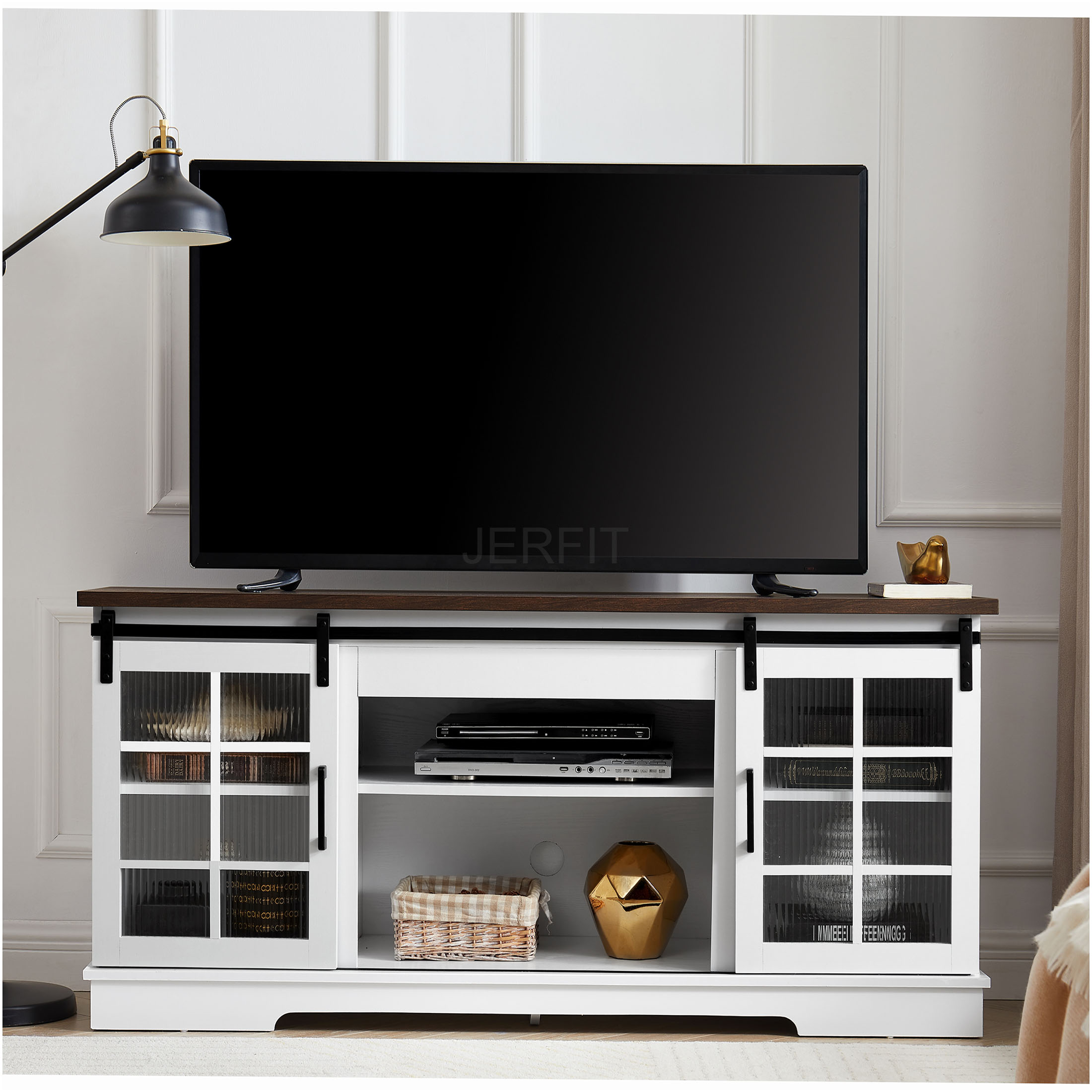 JERFIT 65 inch TV Stand with Sliding Glass Doors, Modern Entertainment ...