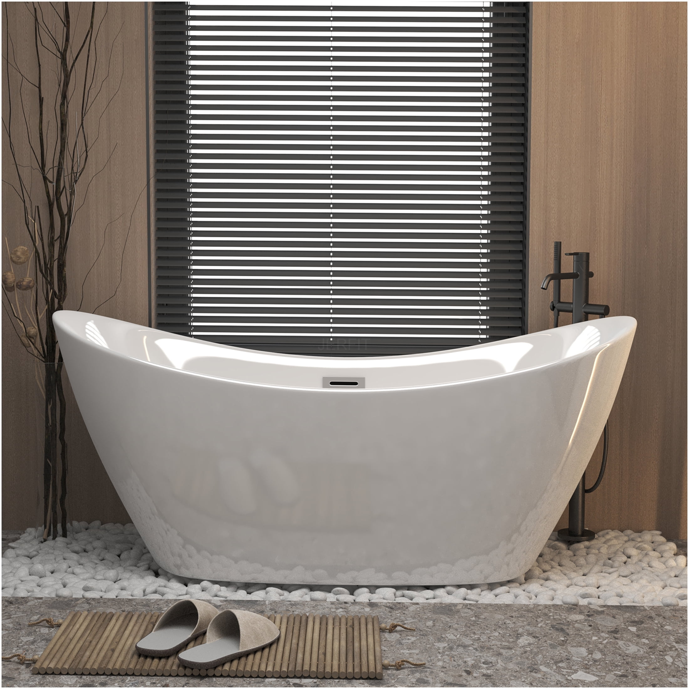 JERFIT 67 Inch Gloss White Freestanding Acrylic Bathtub with Chrome ...