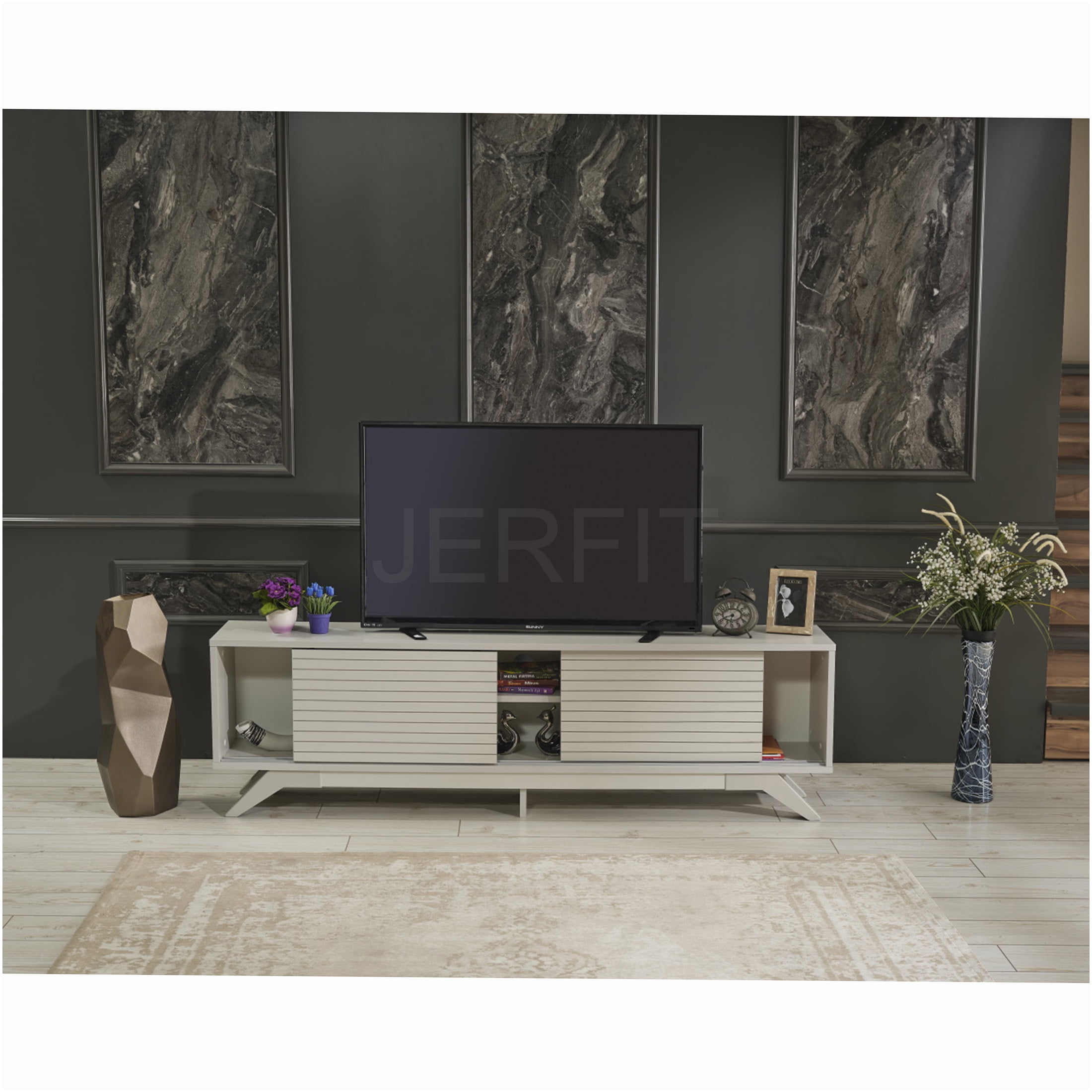 JERFIT 67 inch Mid Century Modern TV Stand with Sliding Doors, Solid ...