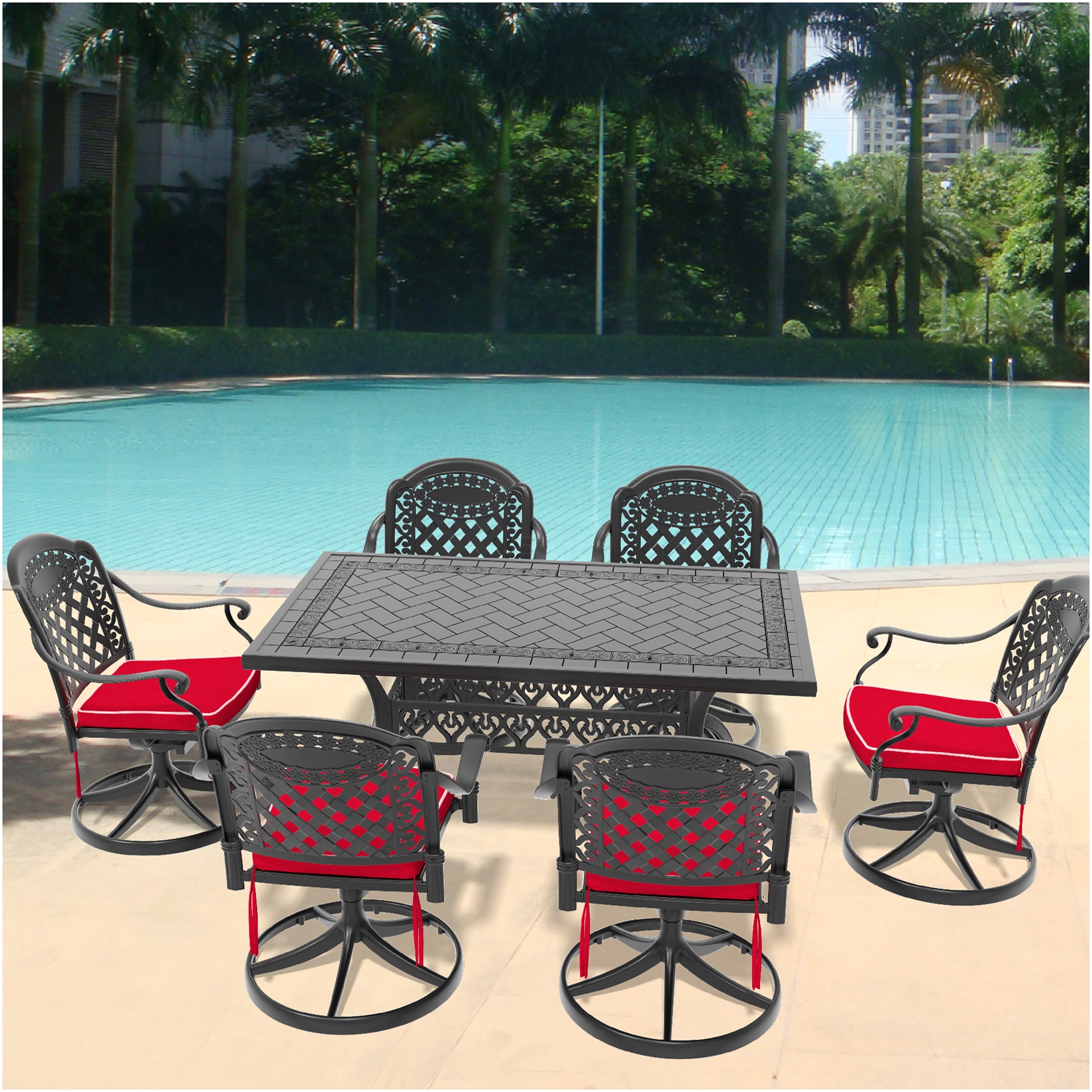 JERFIT 7-Piece Outdoor Dining Set with Swivel Chairs, All-Weather Cast ...