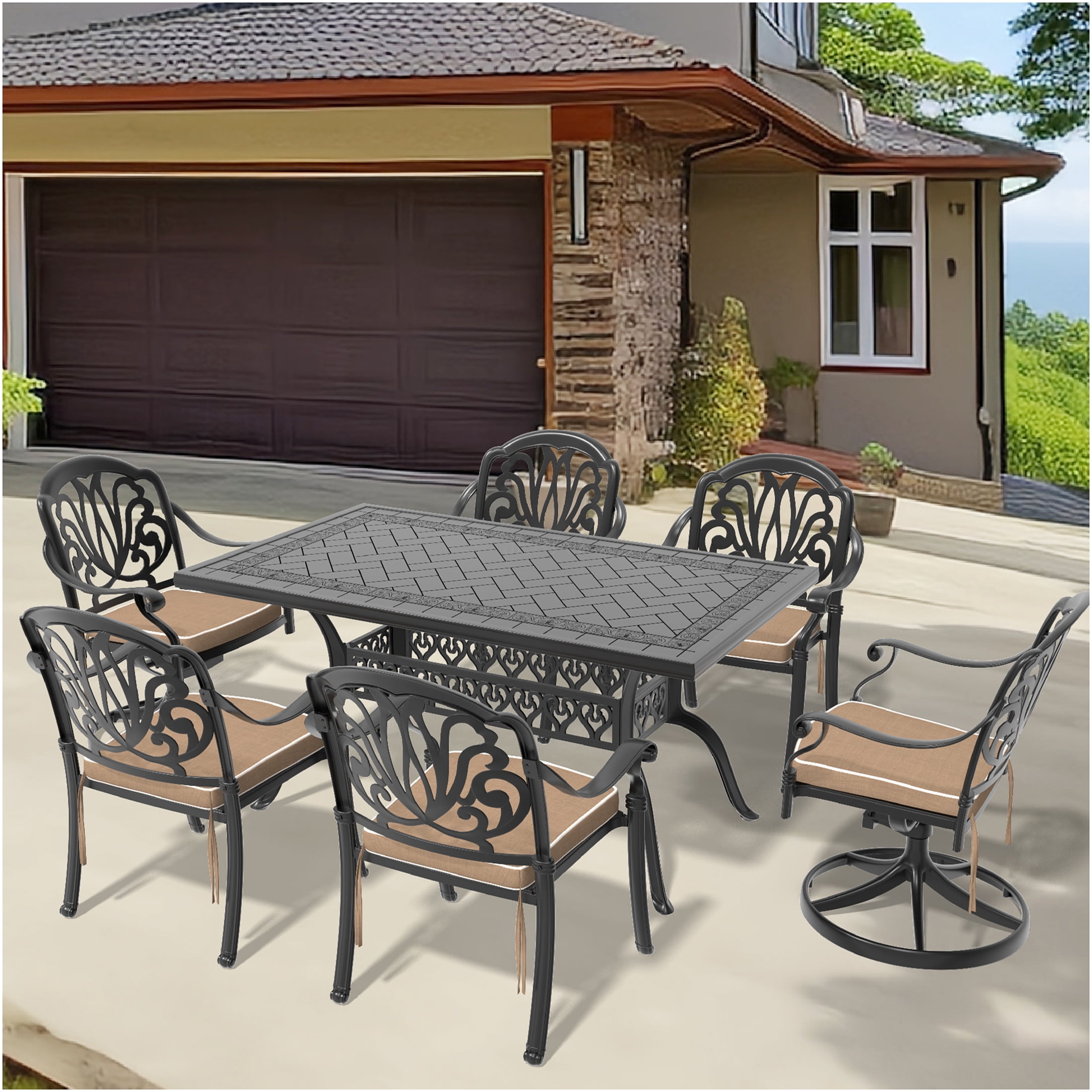 JERFIT 7-Piece Outdoor Dining Set with Swivel Chairs, All-Weather Cast ...