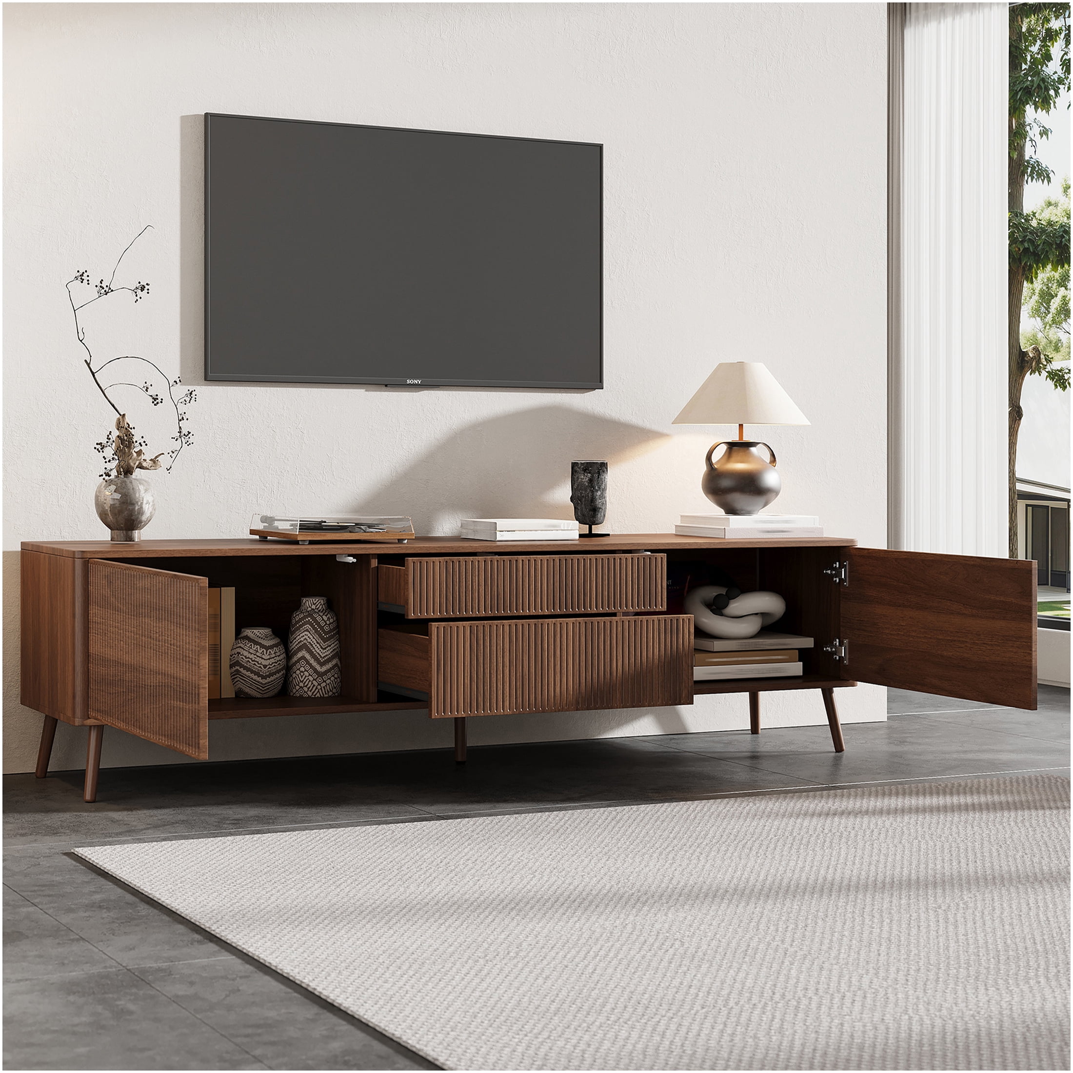 JERFIT 70 inch Modern TV Stand Entertainment Center with Fluted Doors ...