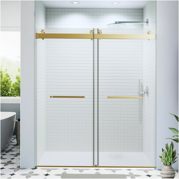 JERFIT 76" Brushed Gold Frameless Sliding Shower Door 8mm Tempered ...