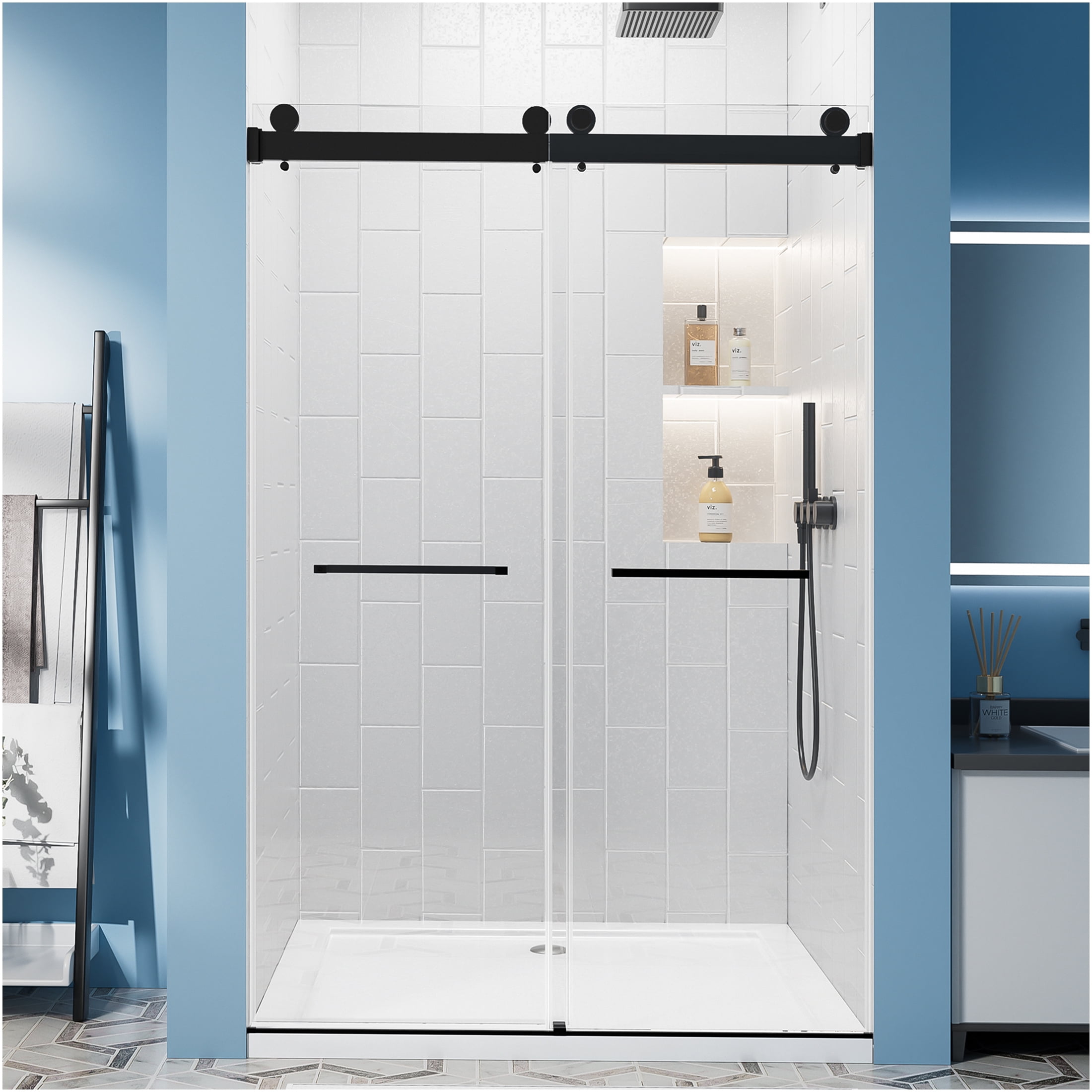 JERFIT 76" Matte Black Frameless Sliding Shower Door, 56-60" Adjustable ...
