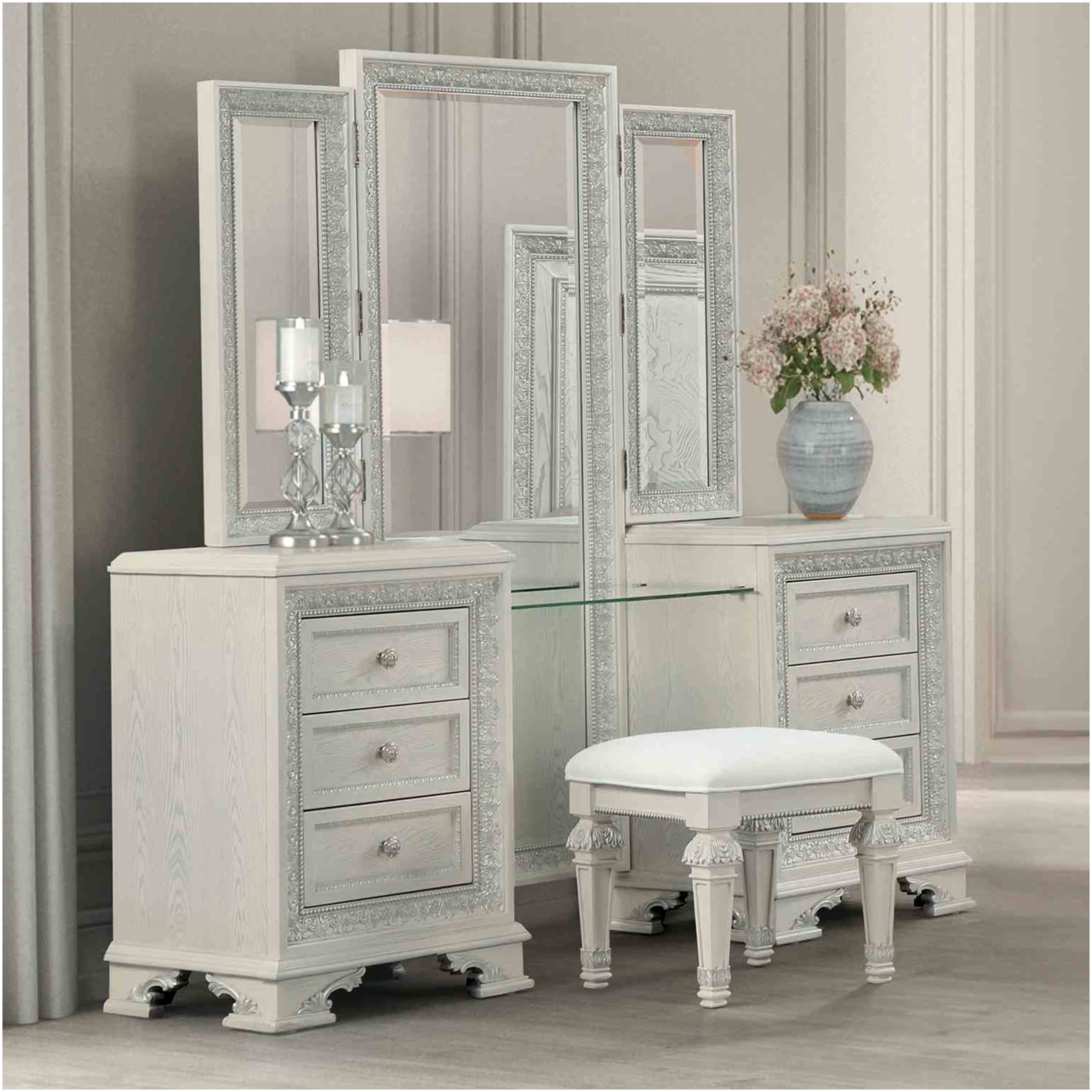 JERFIT 78" Creamy White Vanity Set with Stool, LED Backlit Mirror, USB ...