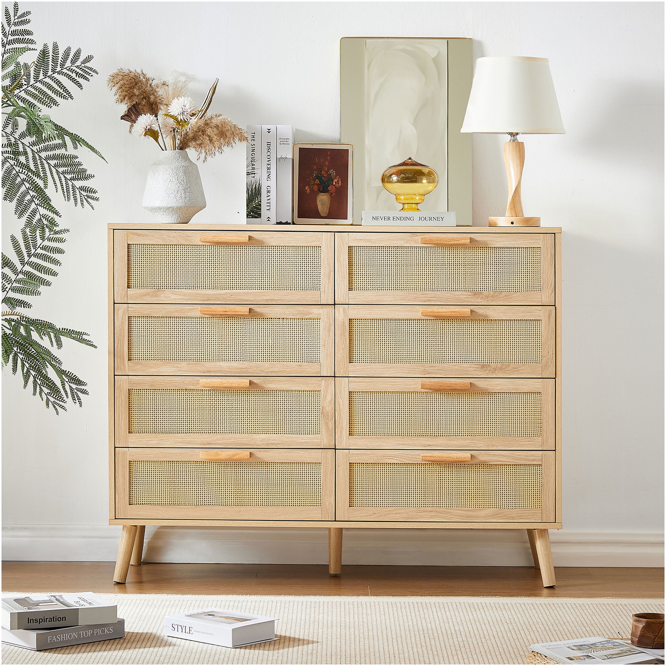 JERFIT 8-Drawer Dresser with Rattan Fronts, Natural Wood Chest of ...
