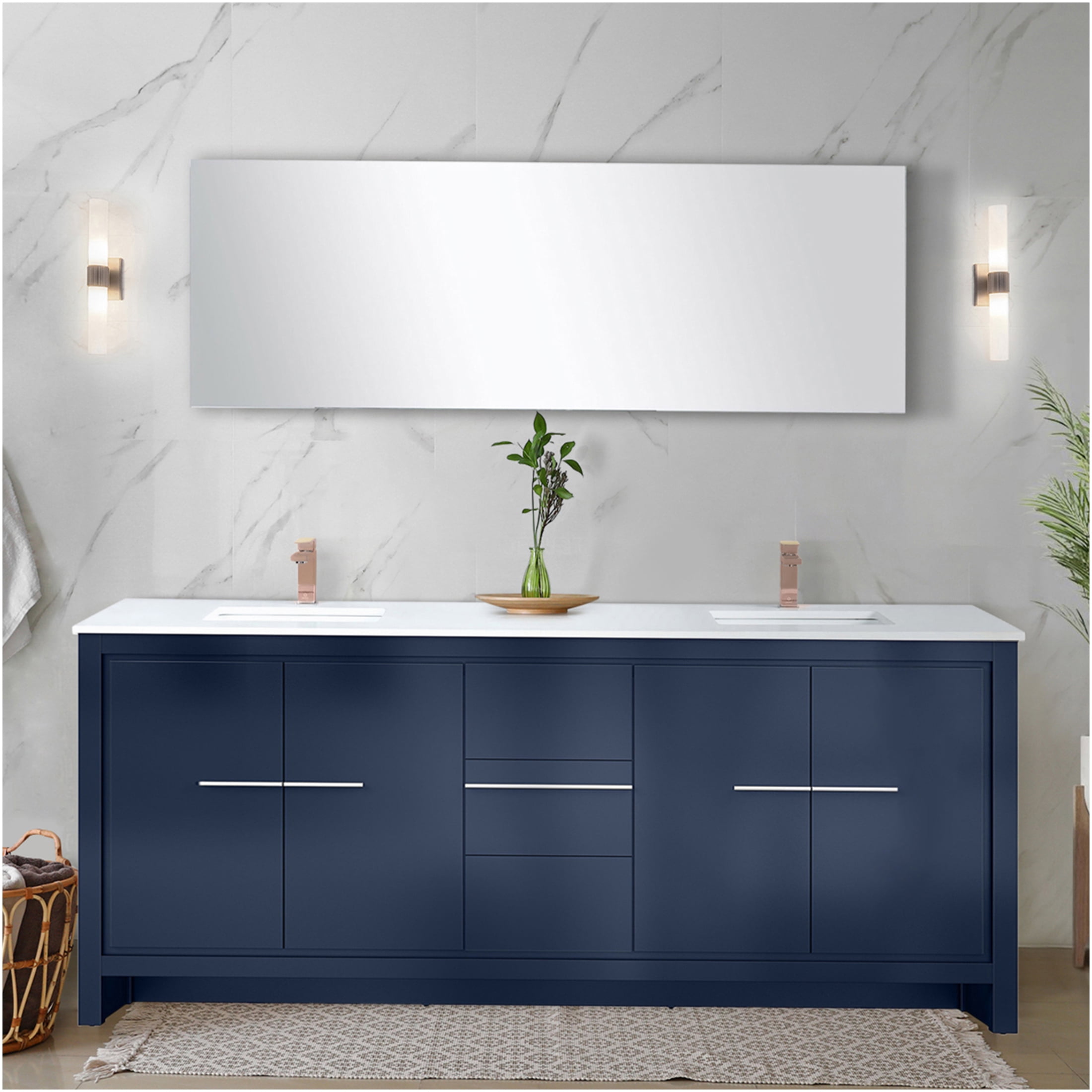 JERFIT 80" Navy Blue Double Sink Bathroom Vanity Set with White Quartz ...