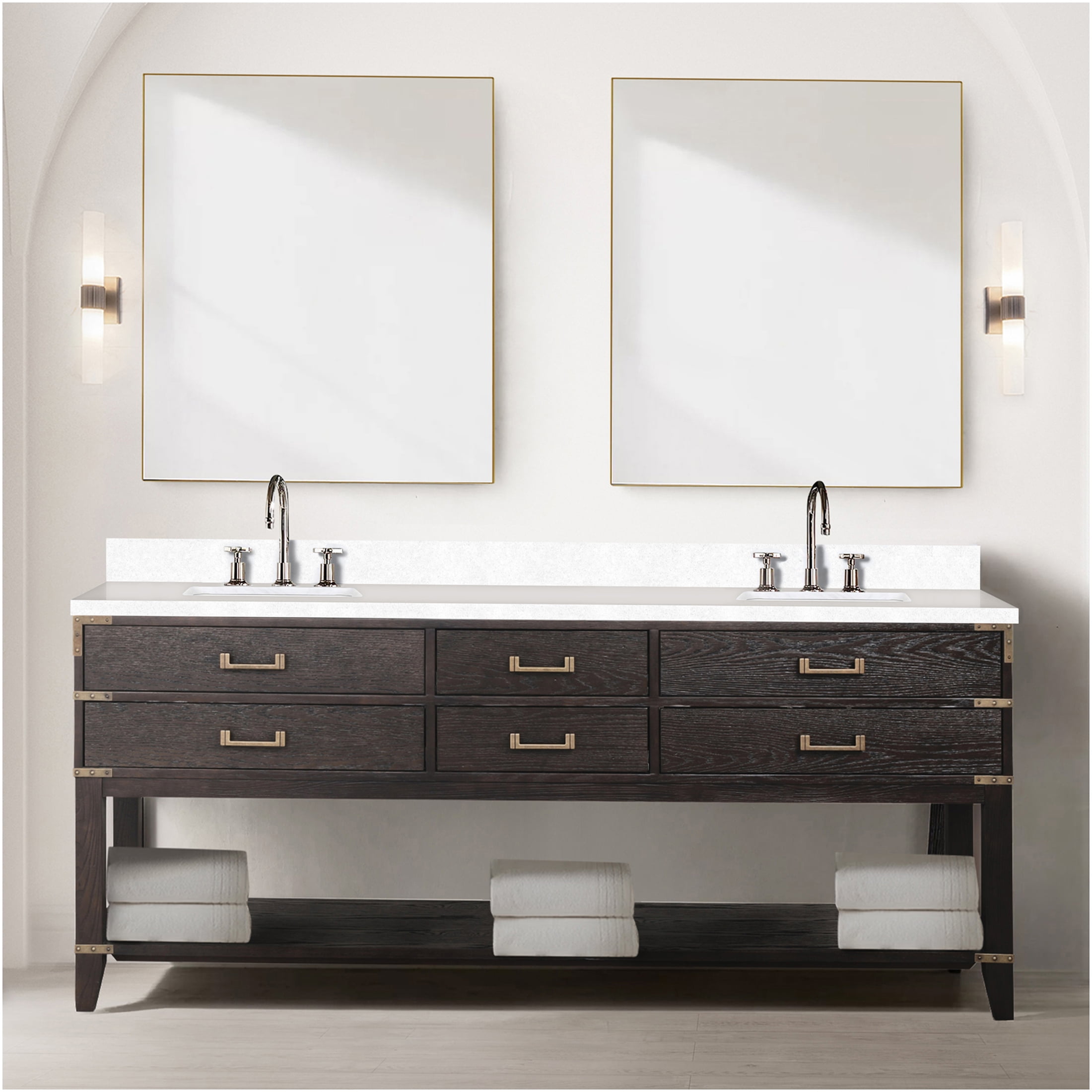 JERFIT 80-inch Double Sink Bathroom Vanity in Brown Oak with Soft-Close ...