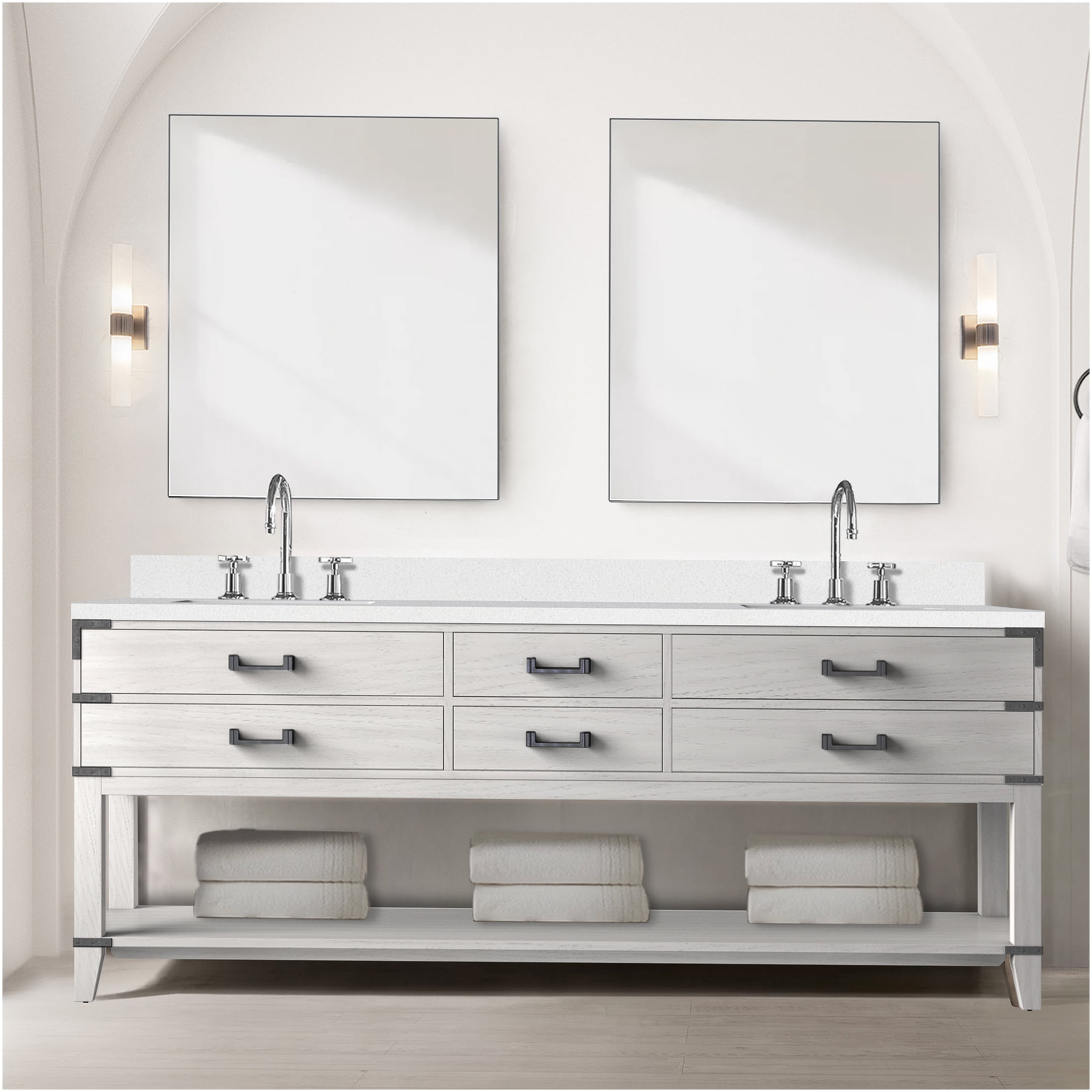 JERFIT 84 inch White Oak Double Sink Bathroom Vanity Set with White ...