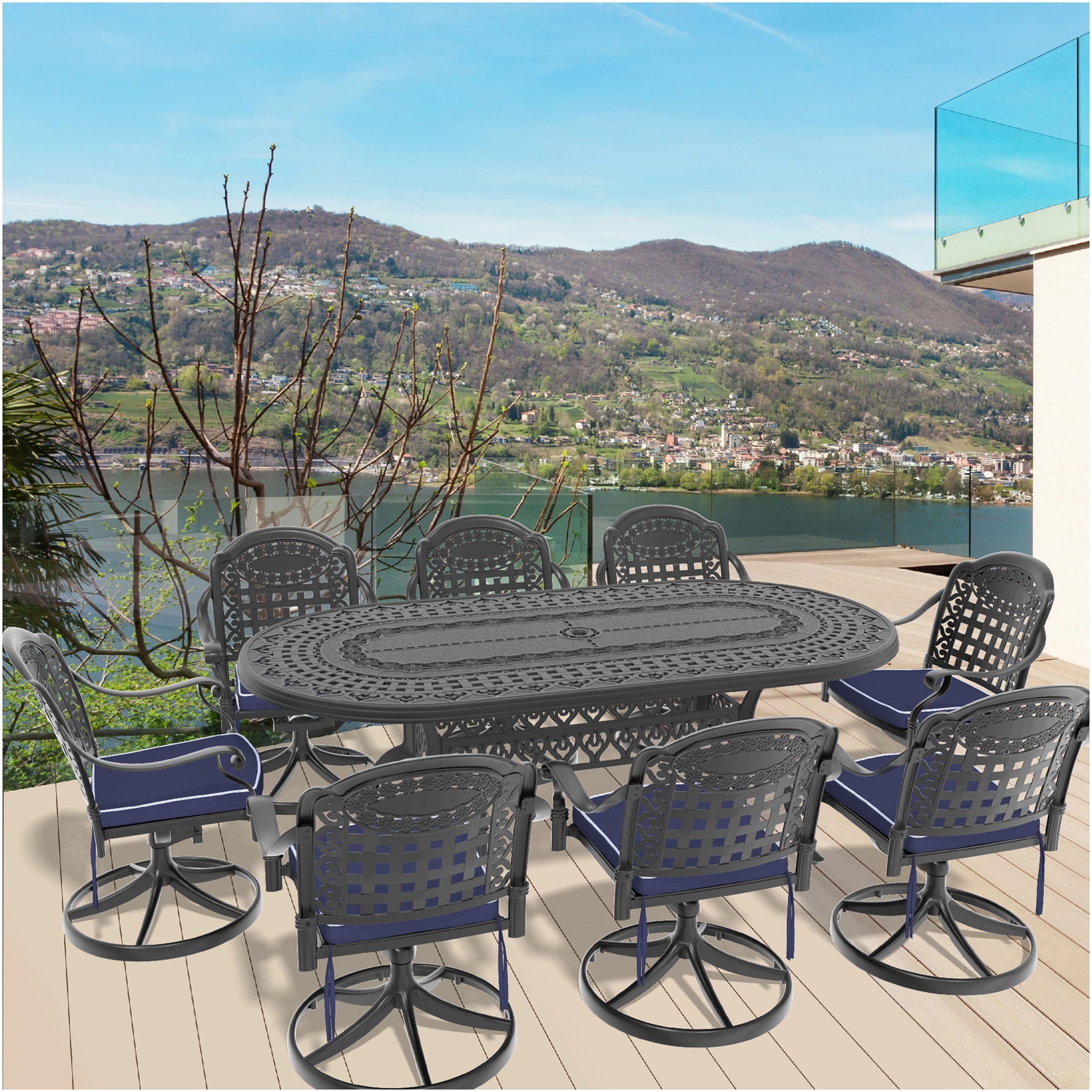 JERFIT 9-Piece Outdoor Dining Set with Swivel Chairs, All-Weather Cast ...