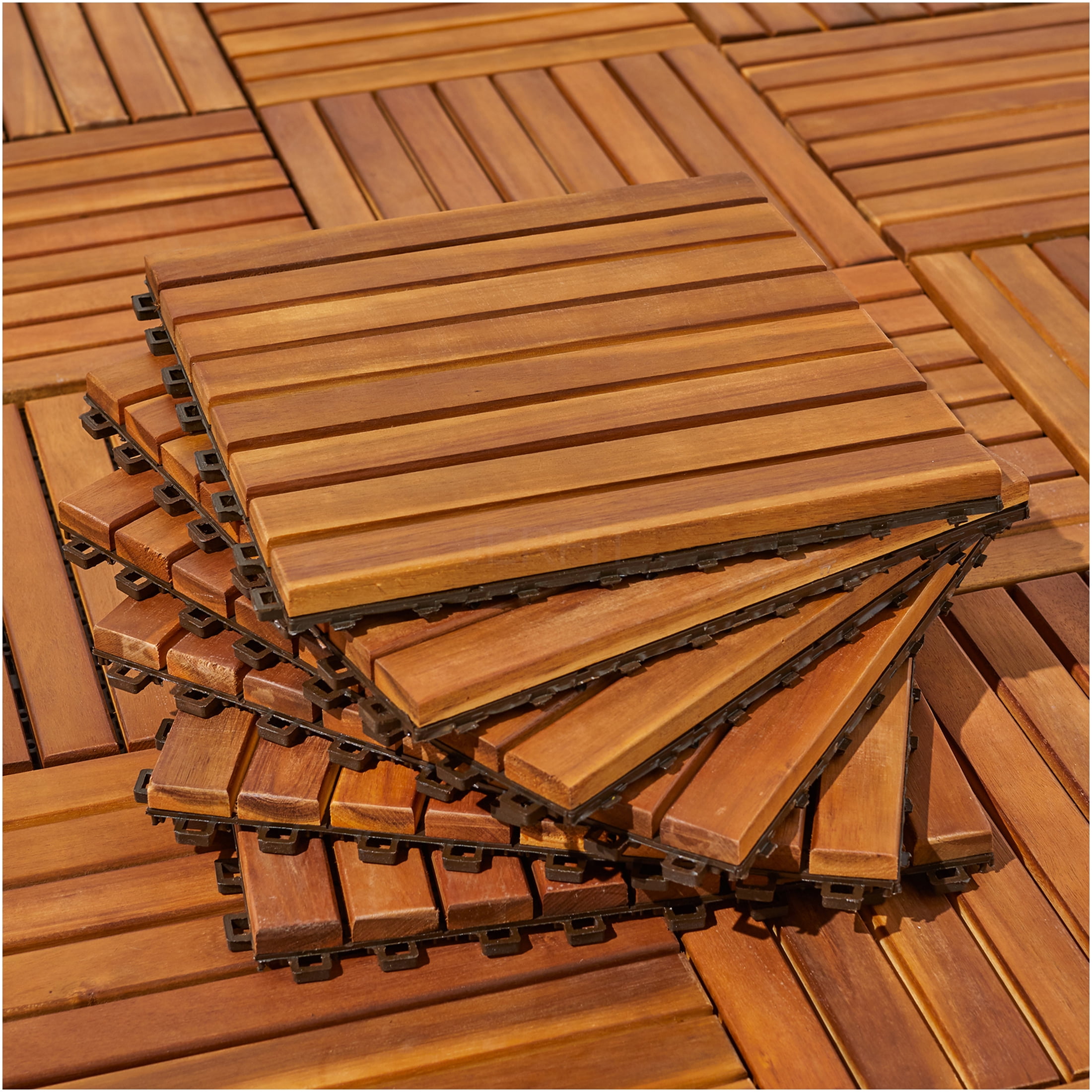 JERFIT Acacia Wood Deck Tiles for Patio, 8-Slat Interlocking Floor Tile ...
