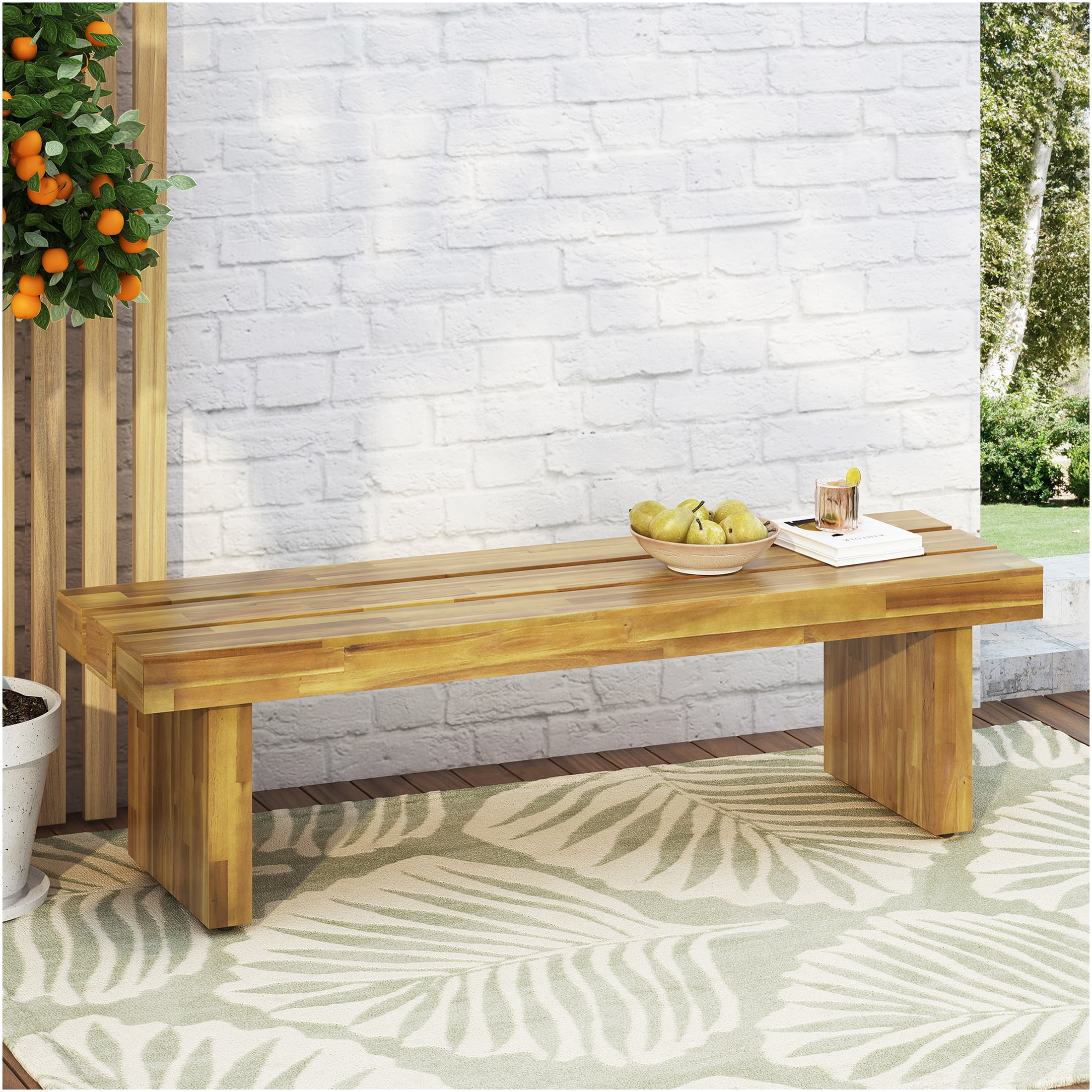 JERFIT Acacia Wood Outdoor Bench, 57" Natural Garden Bench for Patio ...