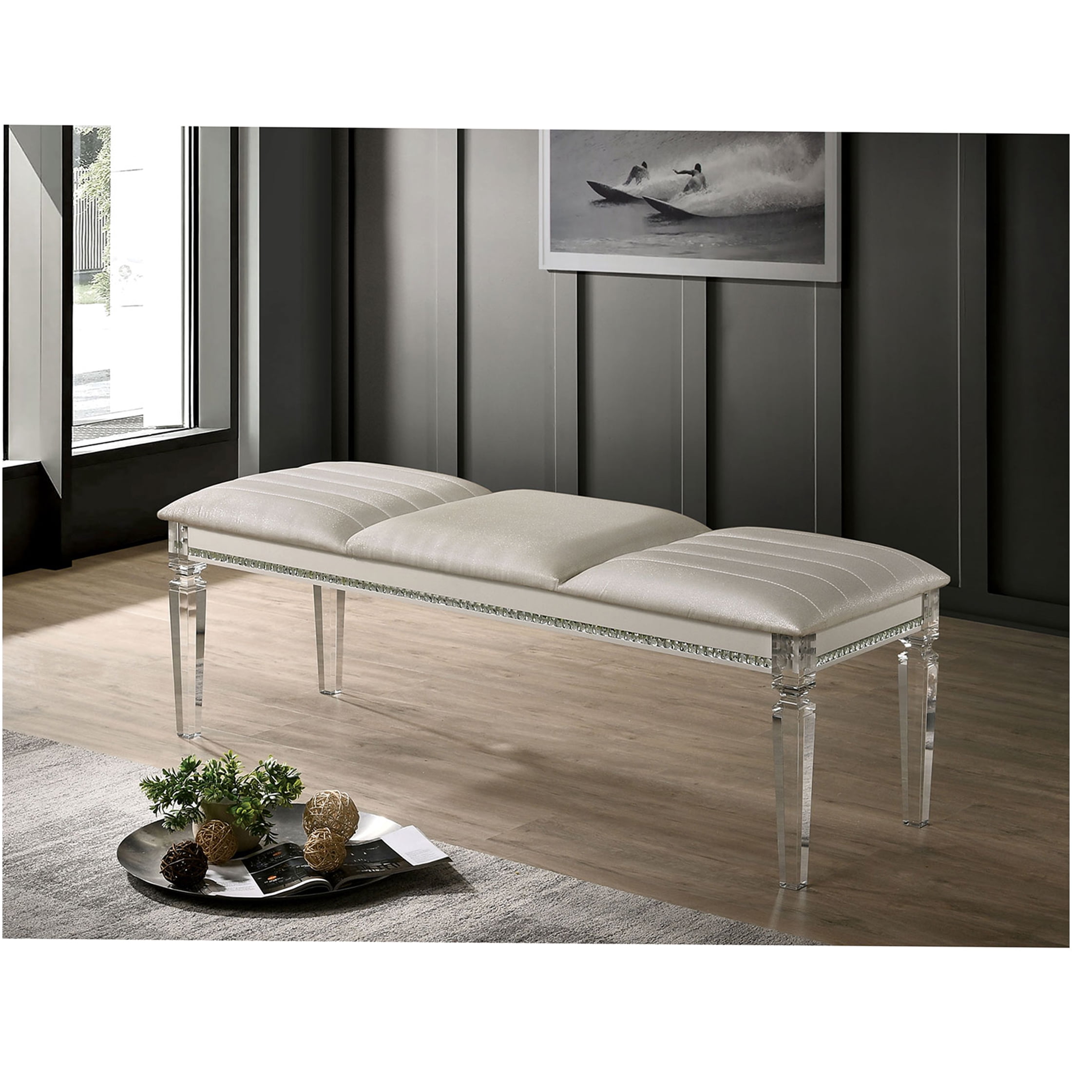 JERFIT Antique White Upholstered Bench with Crystal Accents, Acrylic ...