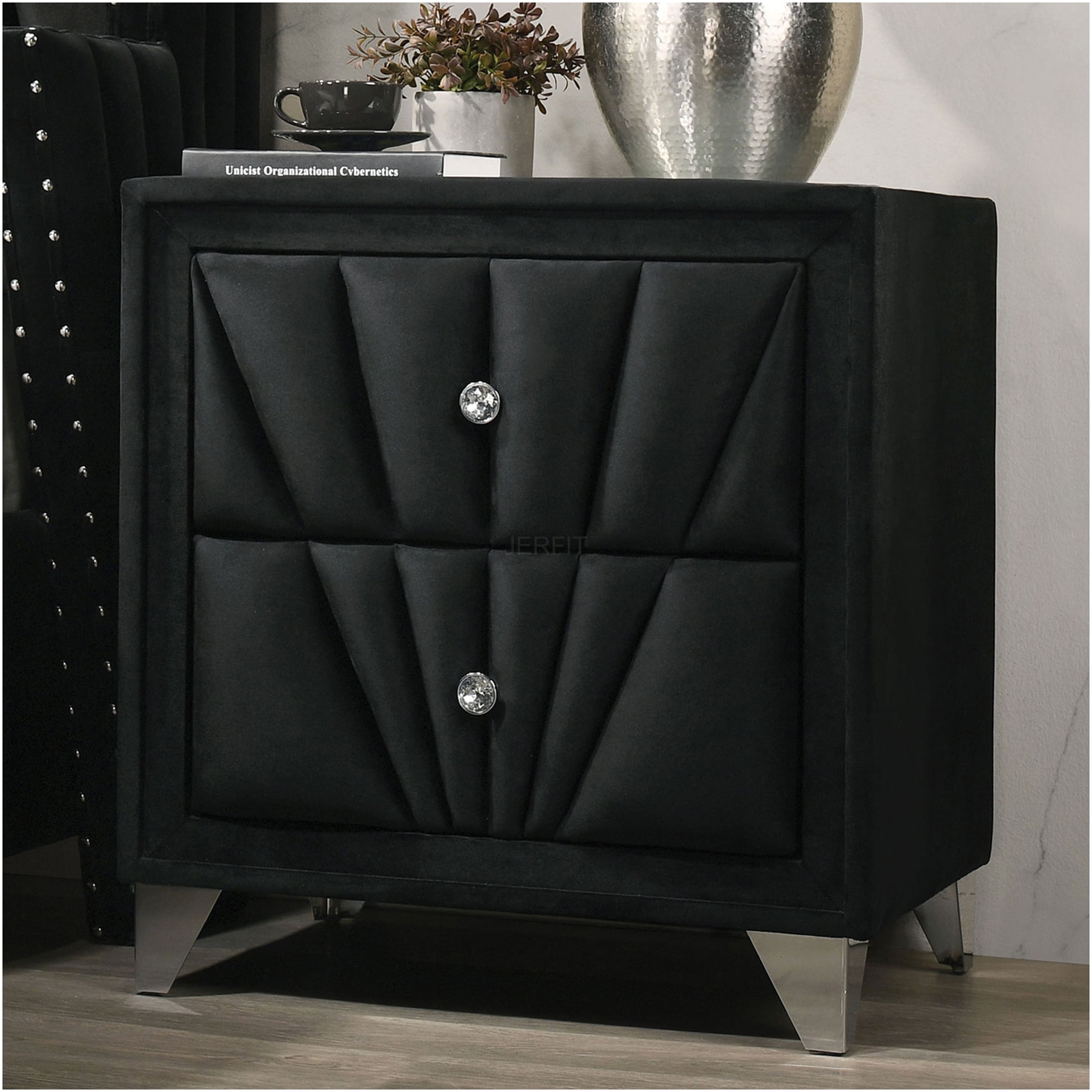 JERFIT Art Deco Velvet Nightstand with Glass Top and Chrome Legs ...